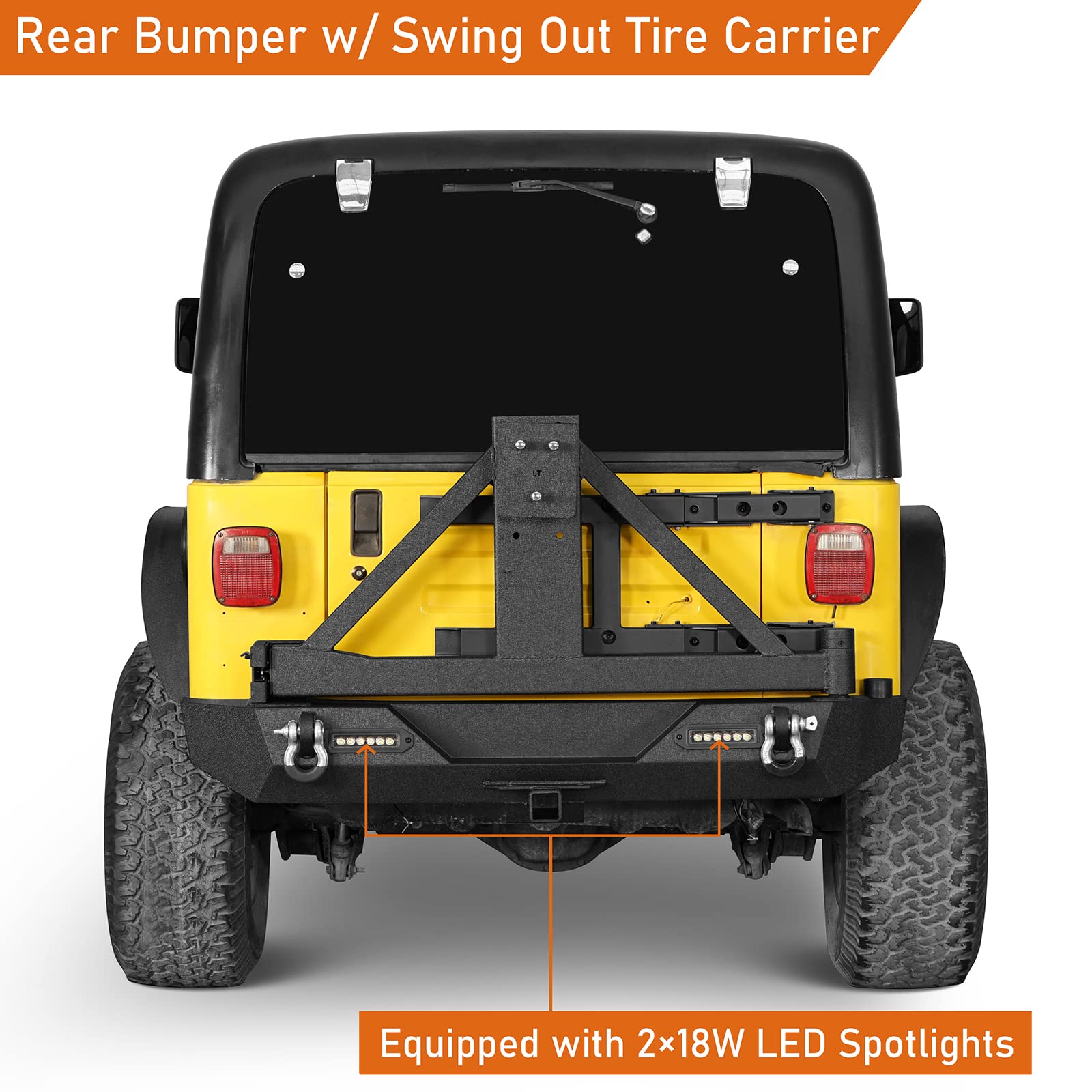 u-Box Wrangler TJ Rear Bumper w/Tire Carrier for 1987-2006 Jeep TJ YJ Wrangler Different Trail Texture Steel Bumper w/Receiver Hitch & LED Lights