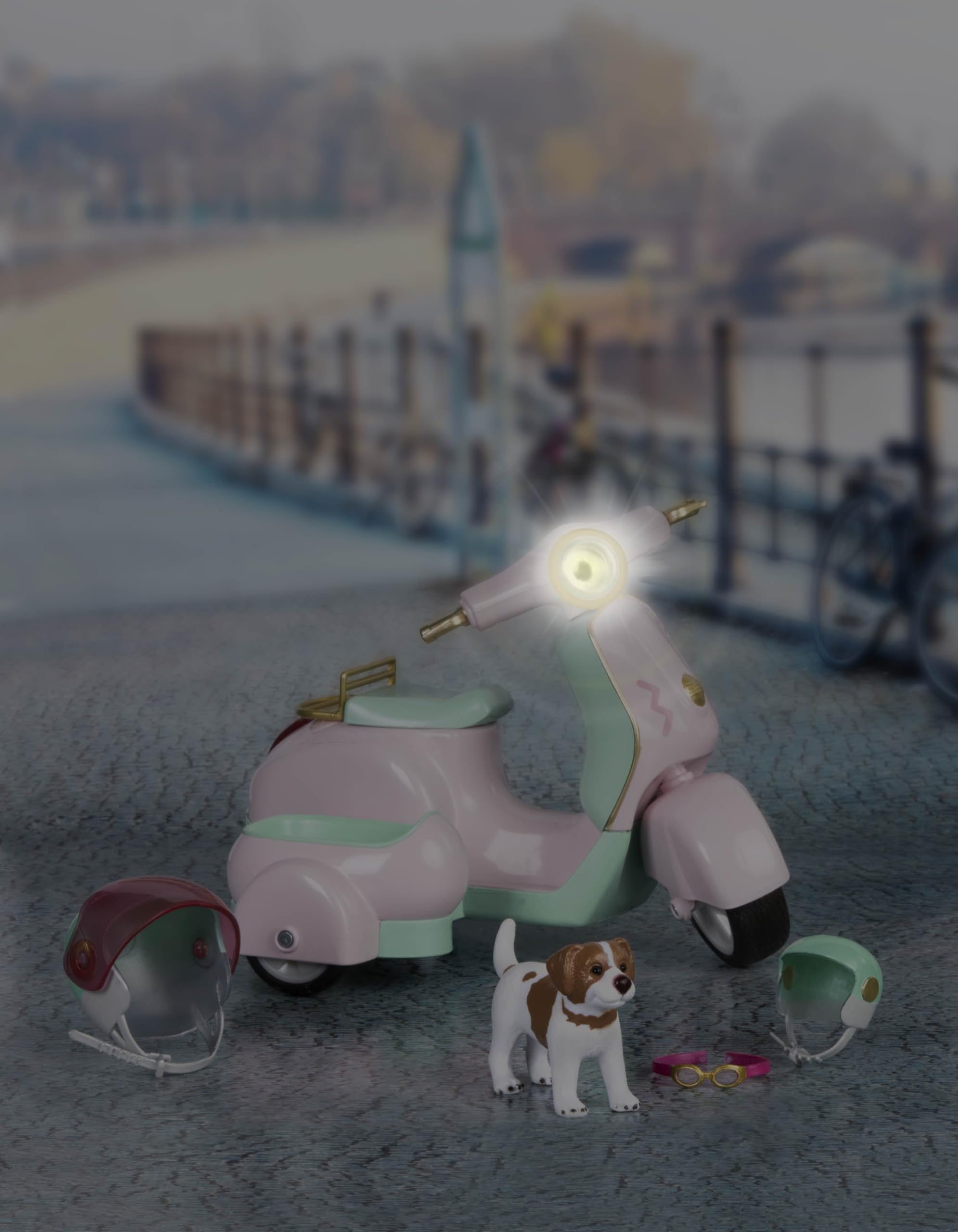 Lori Dolls – Toy Scooter for Mini Dolls – Vehicle with Accessories – Toy Dog with Helmet & Goggles – Working Lights & Sounds – Let’s Go for a Spin Scooter – 3 Years +