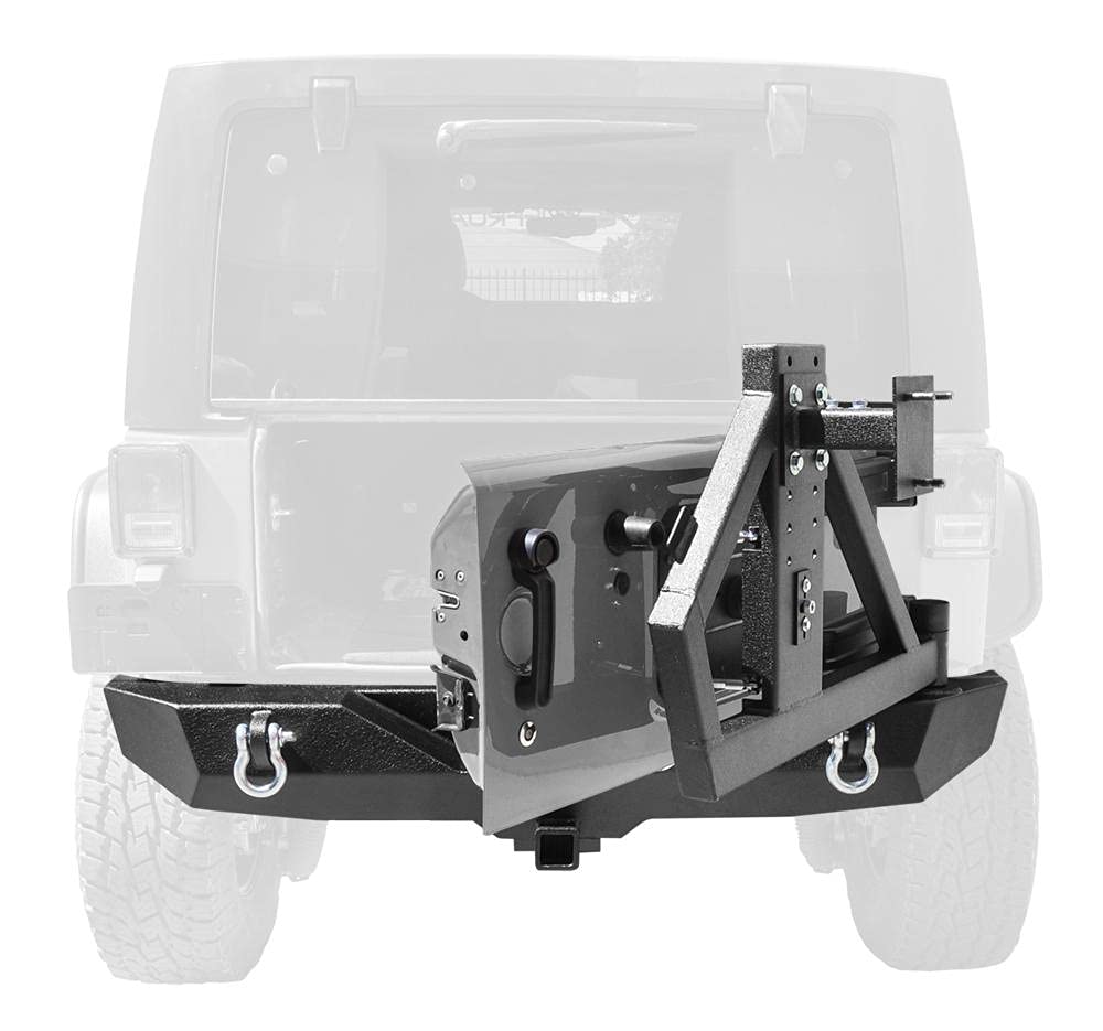 DV8 Offroad Rear Bumper with Swing Away Spare Tire Carrier for Wrangler JK Mid Width Single Opening Action Accommodates up to 37" Tire High Clearance Lightweight Black Finish RBSTTB-02