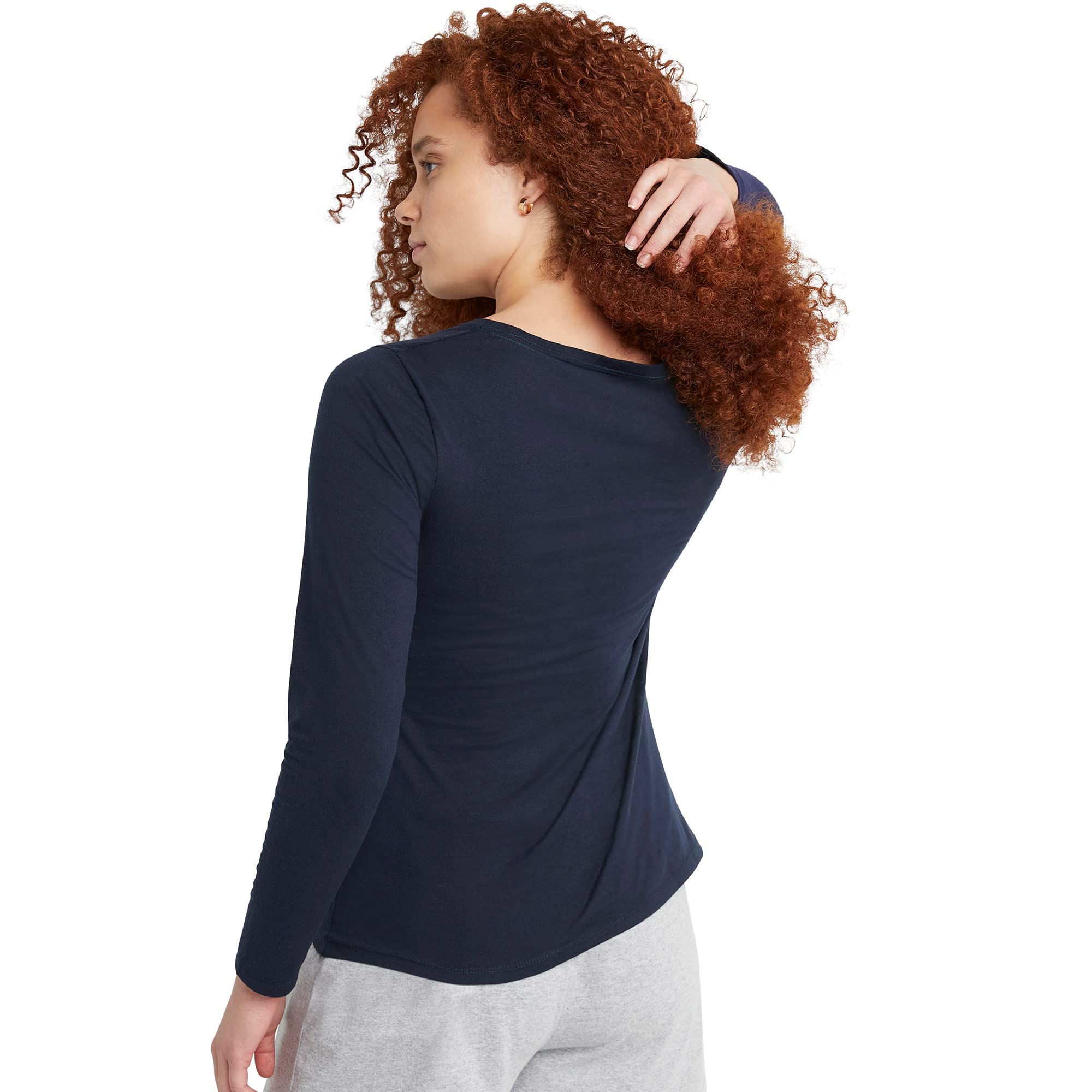 Hanes Long Sleeve Cotton T-Shirt, Lightweight Crewneck Tee for Women, Modern Fit, Navy, 2X Large