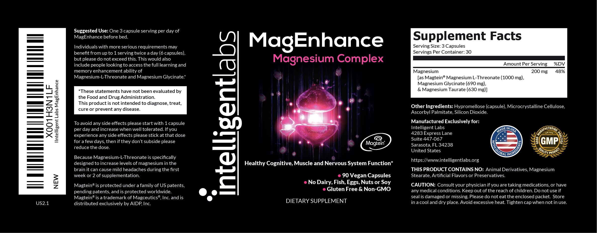 Intelligent Labs MagEnhance Magtein Magnesium Complex Supplement L-Threonate with Magnesium Glycinate and Taurate, 90 Capsules