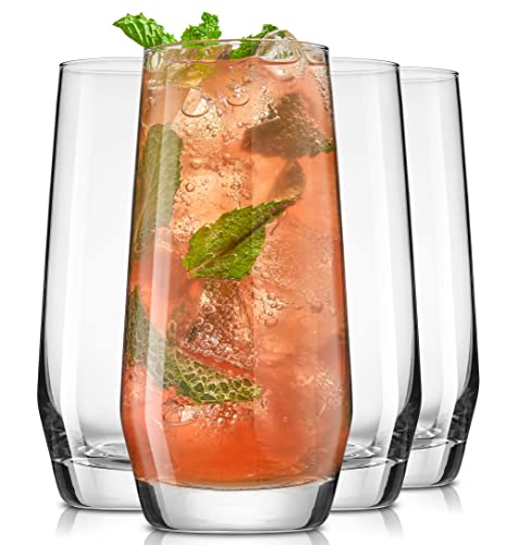 JoyJolt Gwen 18oz Highball Glasses, 4pc Tall Glass Sets. Lead-Free Crystal Glass Drinking Glasses. Water Glasses, Mojito Glass Cups, Tom Collins Bar Glassware, and Mixed Drink Cocktail Glass Set