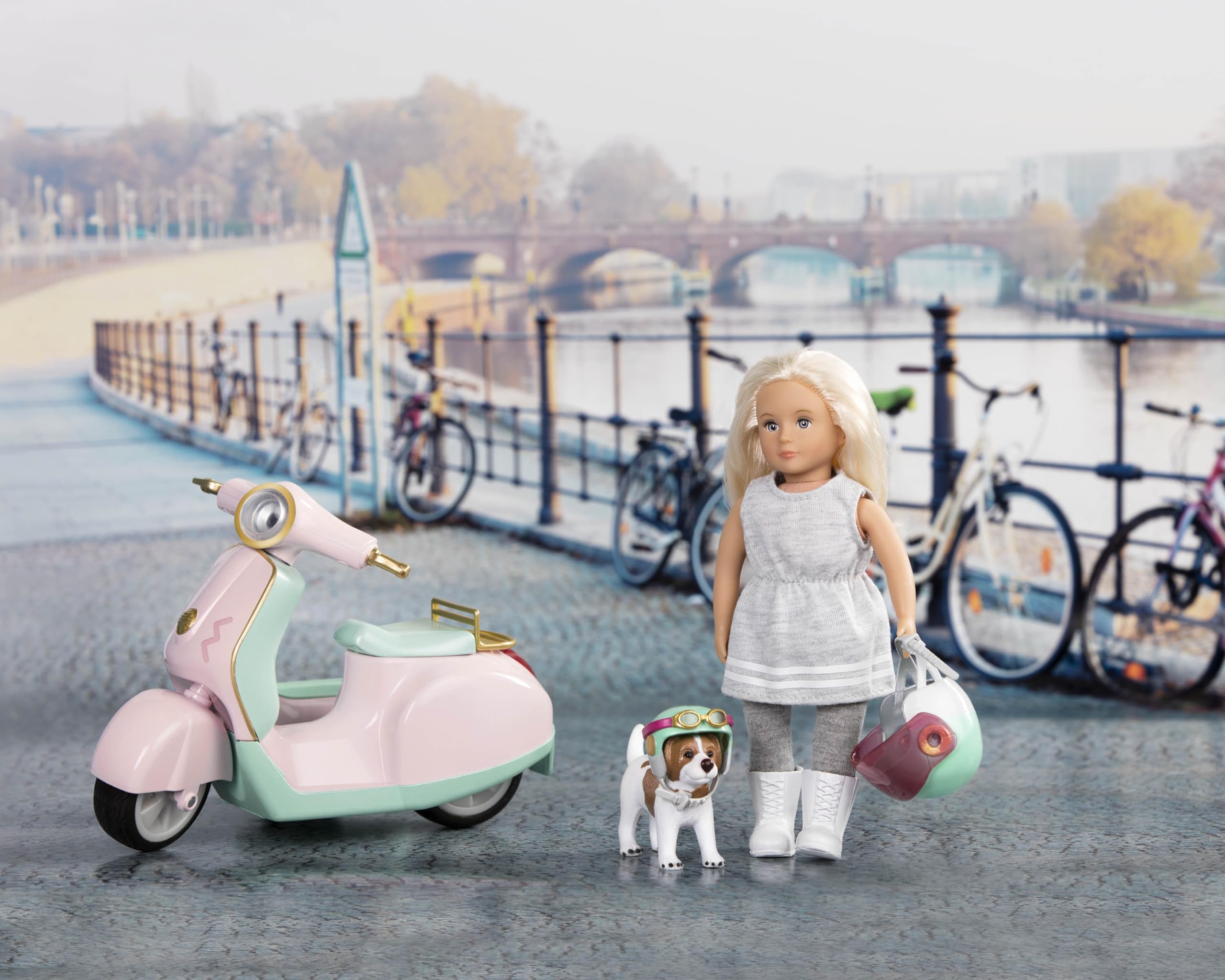 Lori Dolls – Toy Scooter for Mini Dolls – Vehicle with Accessories – Toy Dog with Helmet & Goggles – Working Lights & Sounds – Let’s Go for a Spin Scooter – 3 Years +
