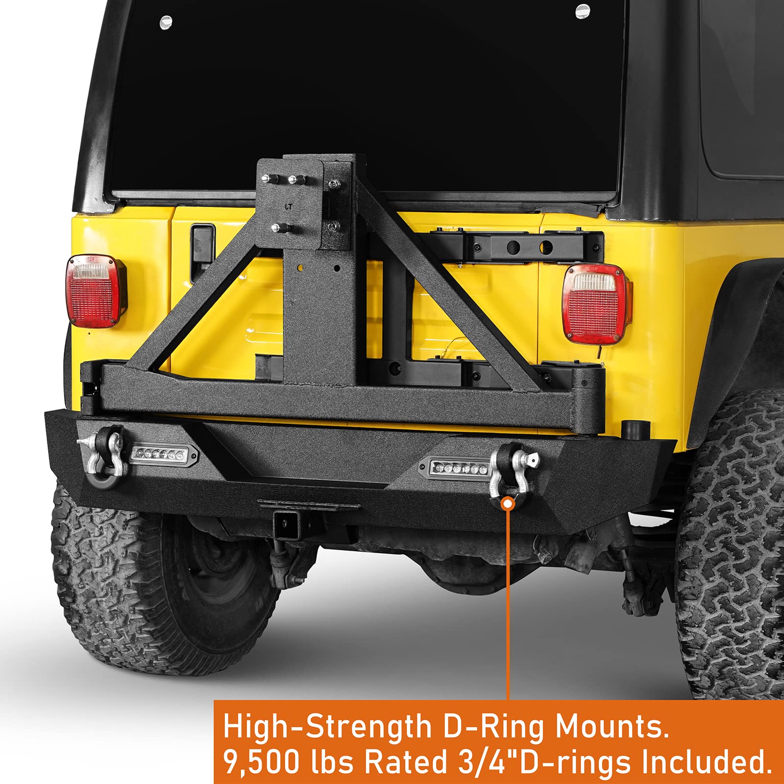 u-Box Wrangler TJ Rear Bumper w/Tire Carrier for 1987-2006 Jeep TJ YJ Wrangler Different Trail Texture Steel Bumper w/Receiver Hitch & LED Lights