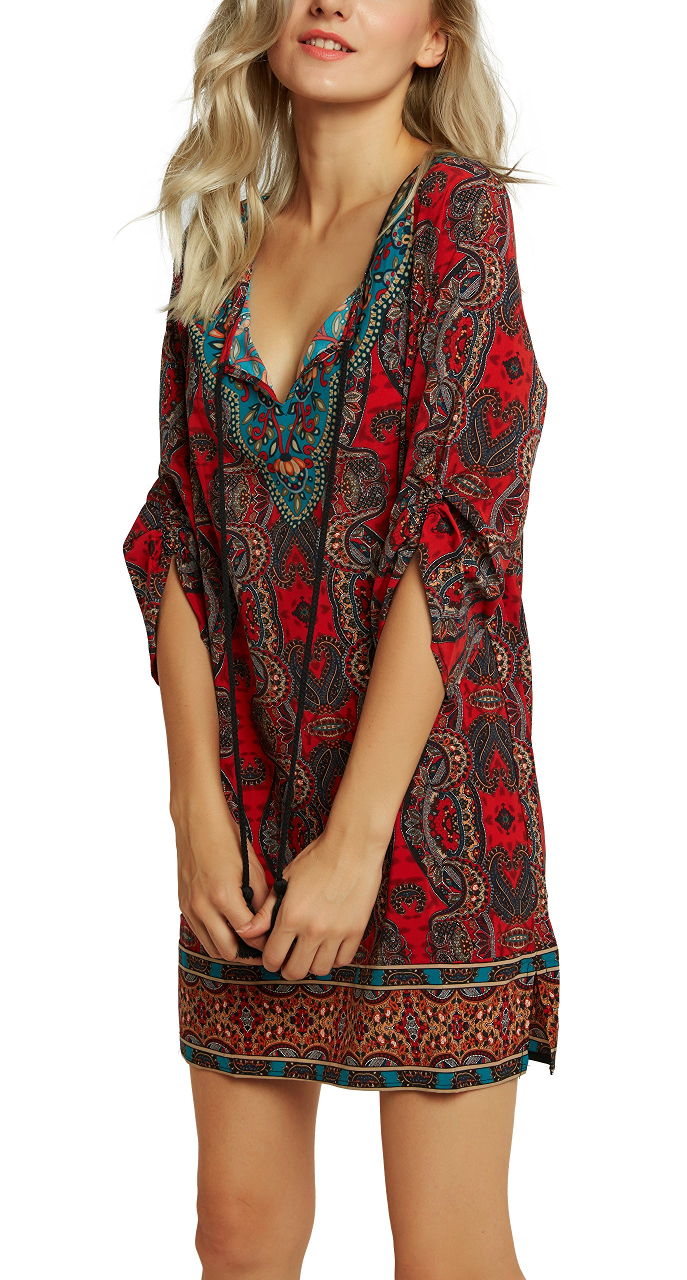Women Bohemian Neck Tie Vintage Printed Ethnic Style Summer Shift Dress (2XL, Pattern 15)