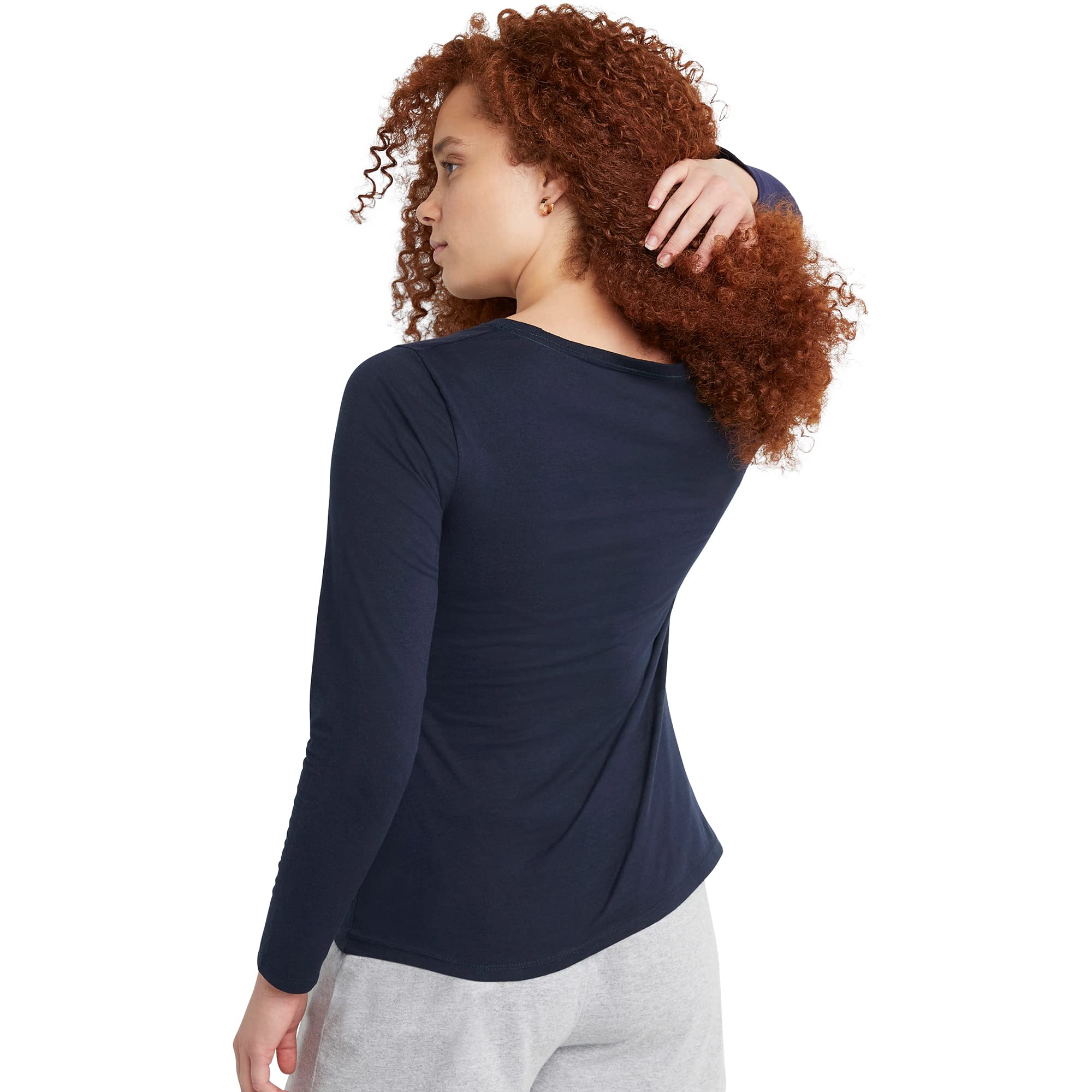 Hanes Long Sleeve Cotton T-Shirt, Lightweight Crewneck Tee for Women, Modern Fit, Navy, 2X Large