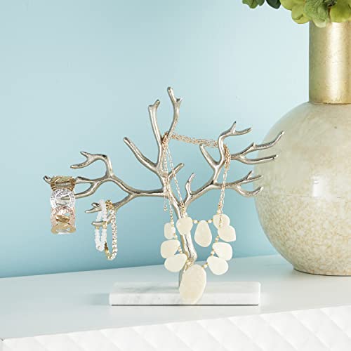 CosmoLiving by Cosmopolitan Marble Tree Jewelry Stand with Marble Base, 12" x 3" x 10", Silver