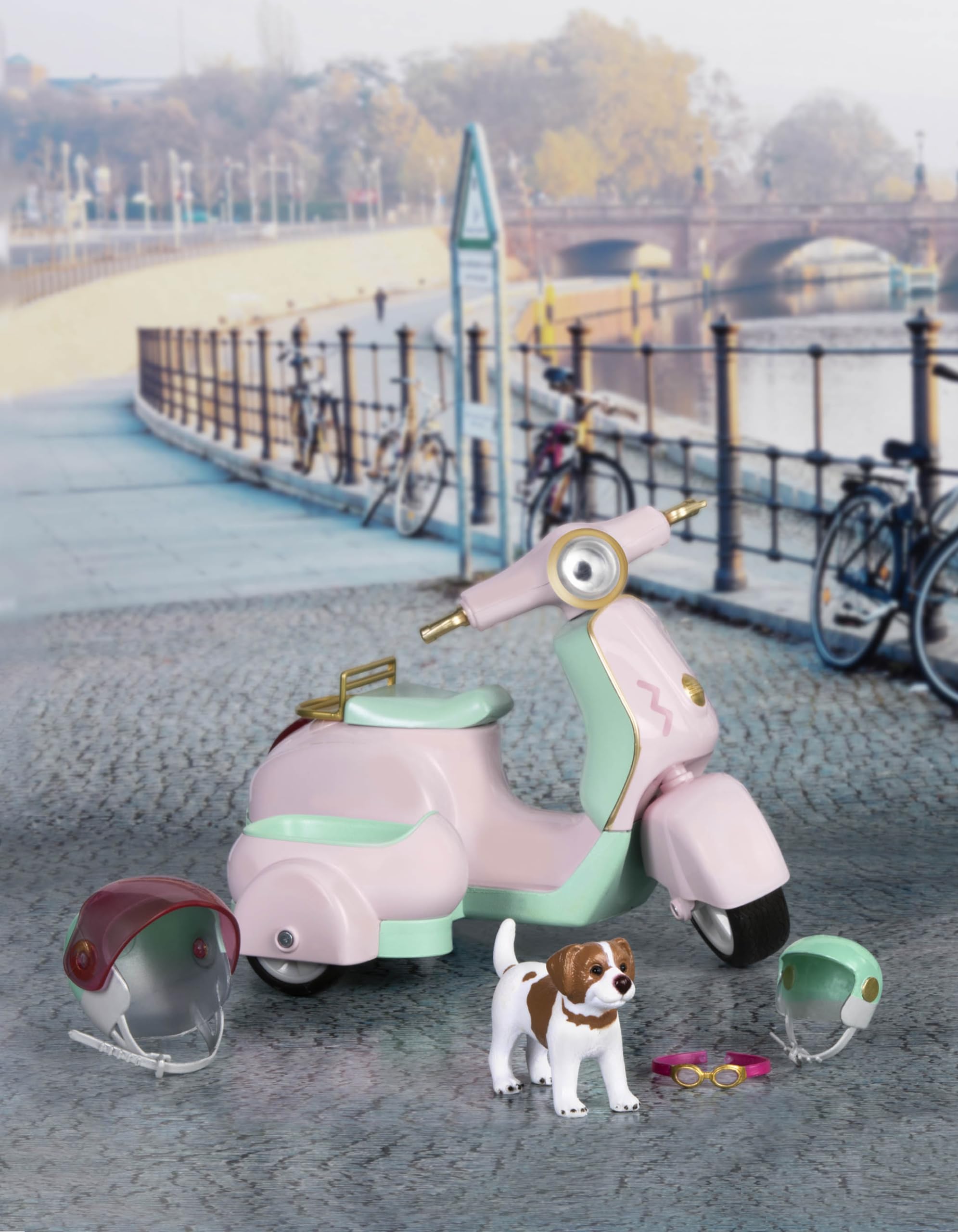 Lori Dolls – Toy Scooter for Mini Dolls – Vehicle with Accessories – Toy Dog with Helmet & Goggles – Working Lights & Sounds – Let’s Go for a Spin Scooter – 3 Years +