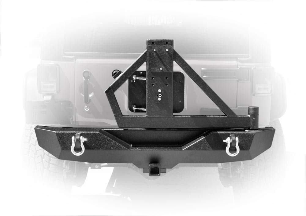 DV8 Offroad Rear Bumper with Swing Away Spare Tire Carrier for Wrangler JK Mid Width Single Opening Action Accommodates up to 37" Tire High Clearance Lightweight Black Finish RBSTTB-02