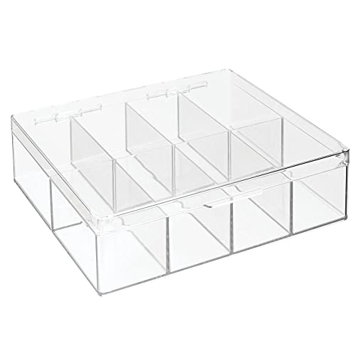 mDesign Tea Storage Organizer Box - 8 Divided Sections, Easy-View Hinged Lid - Use in Kitchen, Pantry, and Cabinets; Holder for Tea Bags, Packets, Small Items and Accessories, BPA free - Clear
