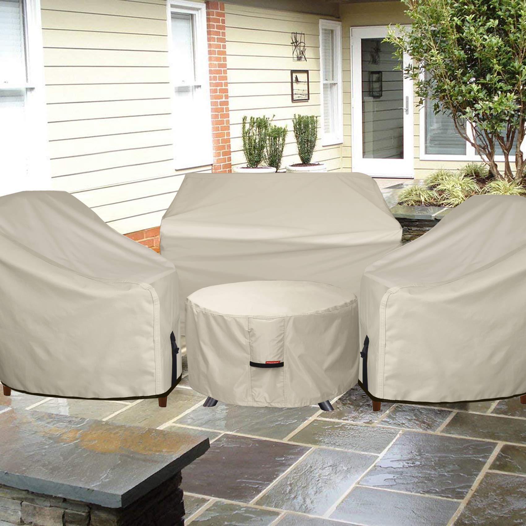 Porch Shield Fire Pit Cover - Waterproof 600D Heavy Duty Fade Resistant Round Patio Fire Bowl Cover Beige - 36 inch