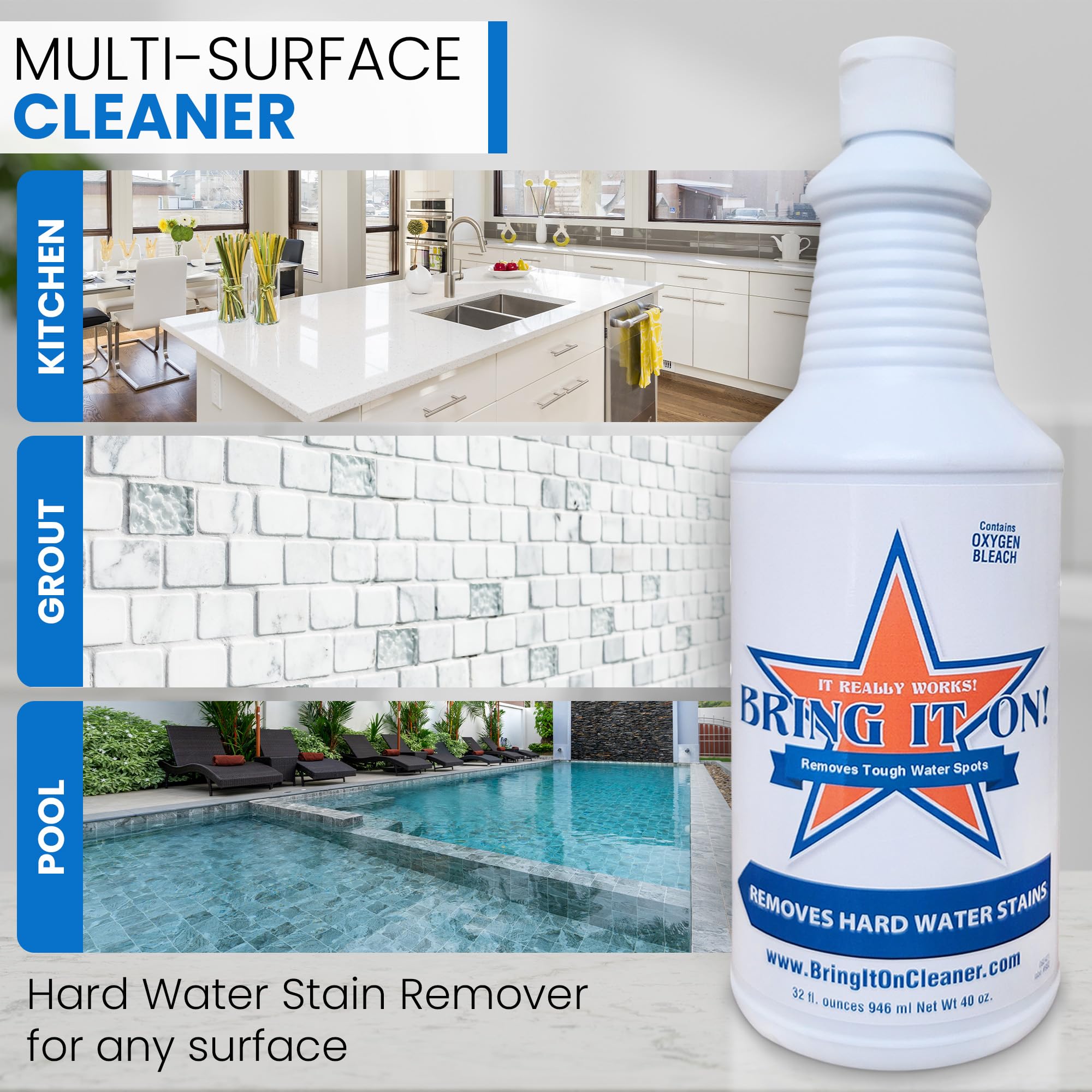 Bring It On Cleaner Water Spot Remover Plus 2 Drill Brushes, Clean Tile, Cleaning Drill Scrub Brush, Cleaning Brush for Drill, Drill Brush Attachment (32 oz)