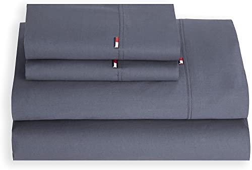 Tommy Hilfiger Signature Solid Sheeting 200 TC Set of 4 Sheet Set - 1 Flat Sheet, 1 Fitted Sheet & 2 Pillowcases, King Size, 100% Cotton (Folkstone Gray)