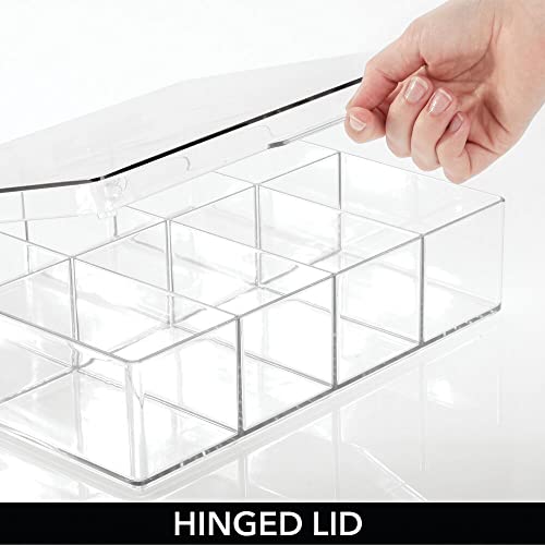 mDesign Tea Storage Organizer Box - 8 Divided Sections, Easy-View Hinged Lid - Use in Kitchen, Pantry, and Cabinets; Holder for Tea Bags, Packets, Small Items and Accessories, BPA free - Clear