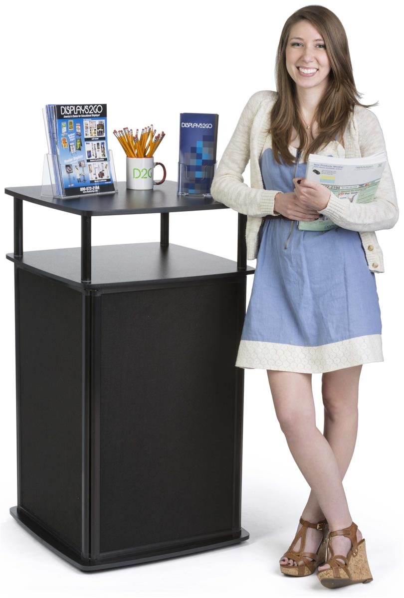 Displays2go Portable Trade Show Counter with Travel Bag, Locking Compartment - Foldable Booth Display Counter for Events - Black (LCTCNTBLK)