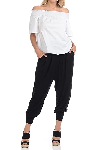 iconic luxe Women's Banded Waist Harem Yoga Lounge Casual Loose Jogger Pants with Pockets Medium Black