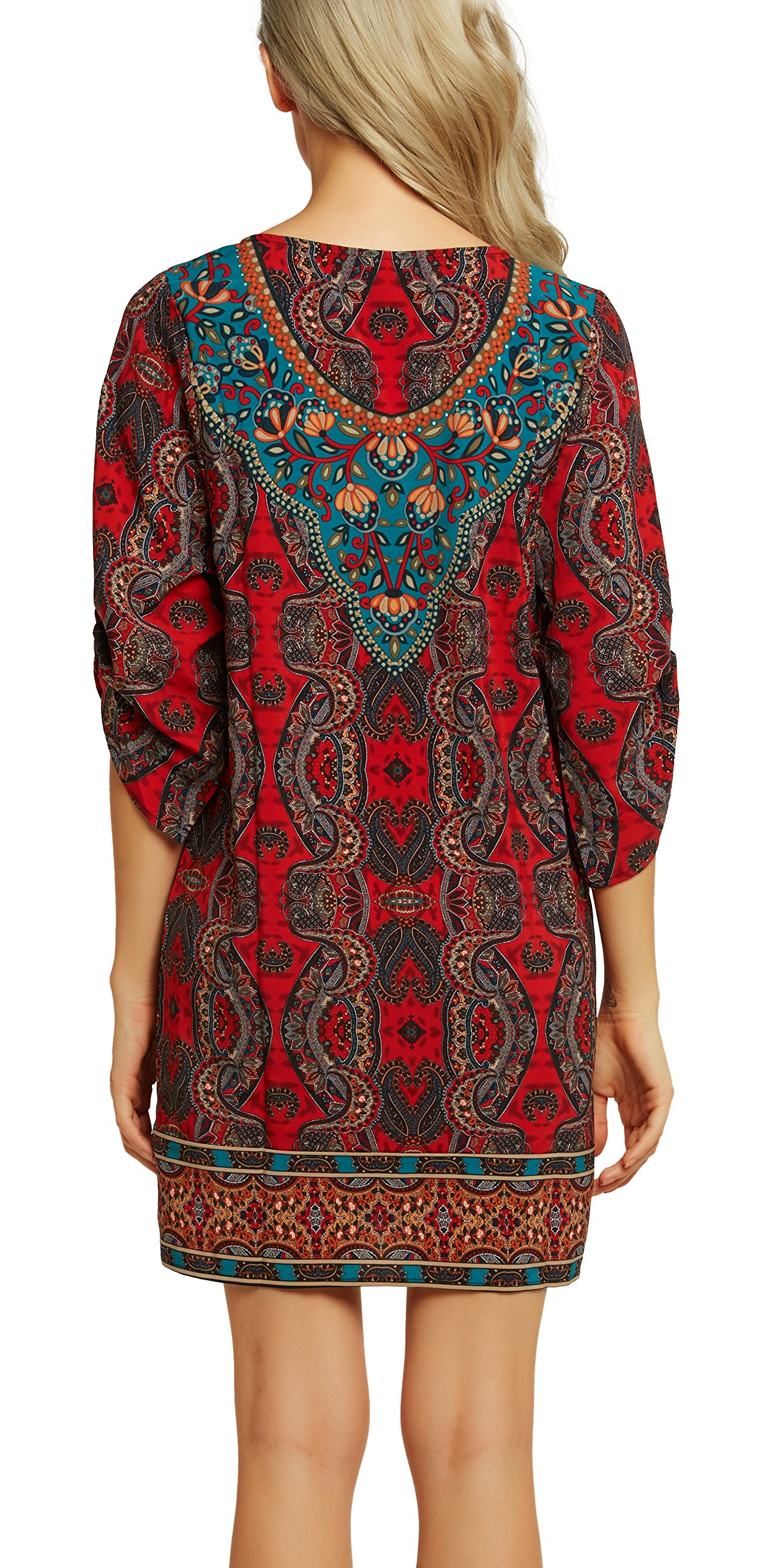 Women Bohemian Neck Tie Vintage Printed Ethnic Style Summer Shift Dress (2XL, Pattern 15)