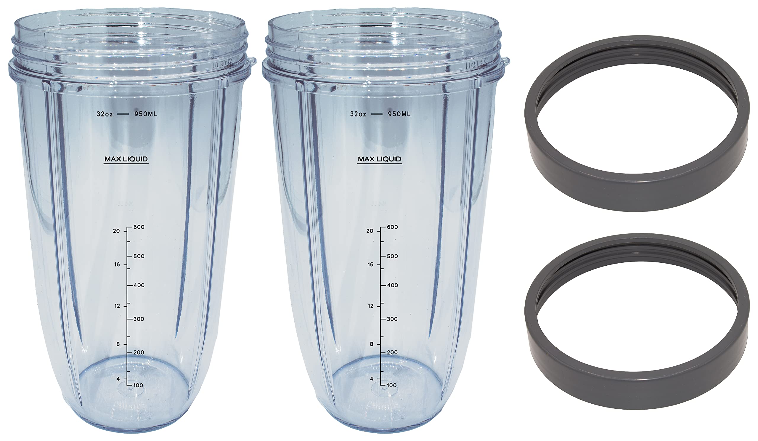 Blendin Replacement 32 Ounce Extra Large Cup Jar with Lip Ring, Compatible with Nutribullet 600W, 900W, NB-101B, NB-101S, NB-201, NBR-0601, NBR-1201, NB9-1301, 900 Pro Series Blenders, 2 Pack Part
