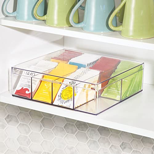 mDesign Tea Storage Organizer Box - 8 Divided Sections, Easy-View Hinged Lid - Use in Kitchen, Pantry, and Cabinets; Holder for Tea Bags, Packets, Small Items and Accessories, BPA free - Clear