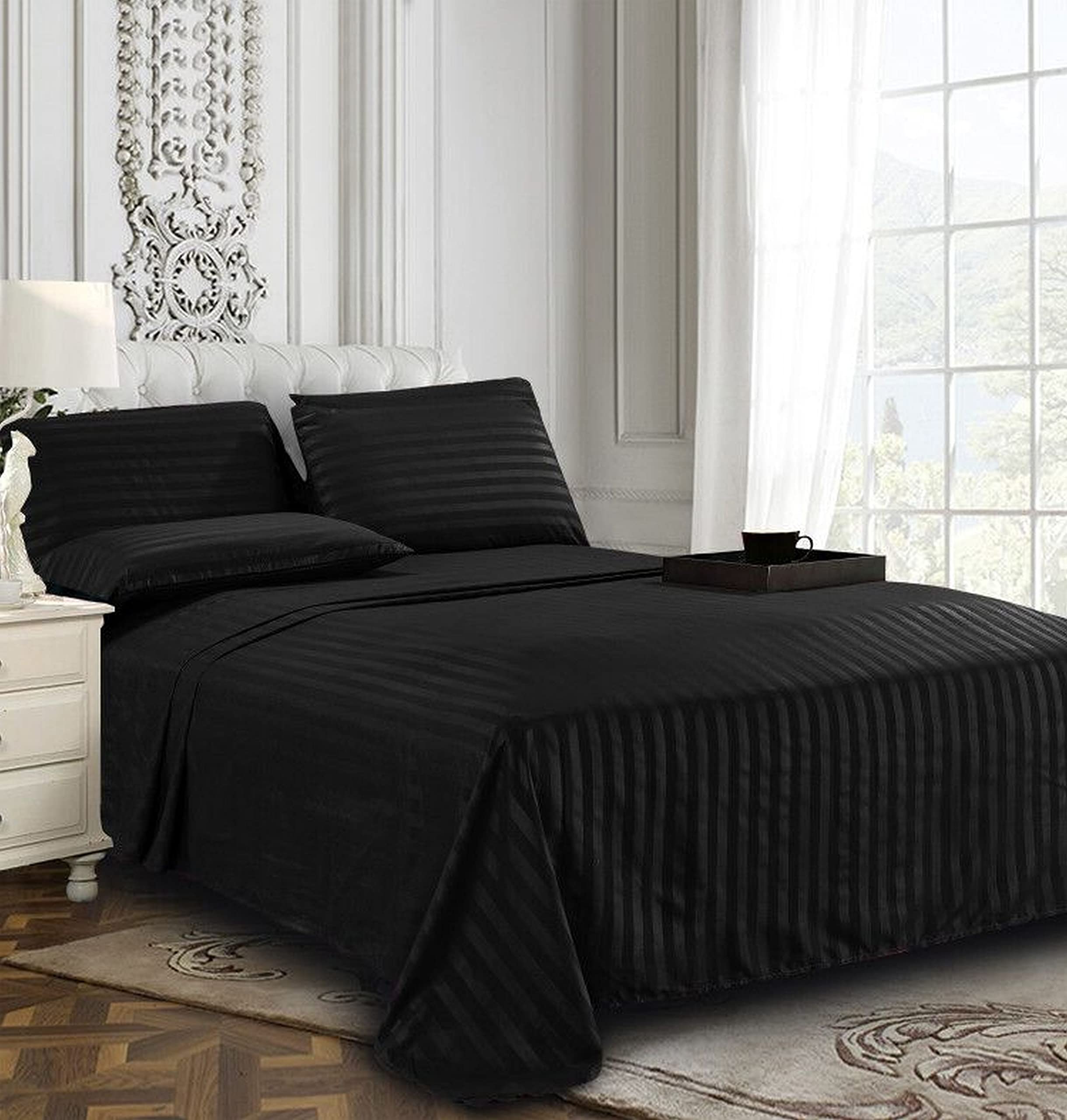 Elegant Comfort Best, Softest, Coziest 6-Piece Sheet Sets! - 1500 Premier Hotel Quality Luxurious Wrinkle Resistant 6-Piece Damask Stripe Bed Sheet Set, Full Black