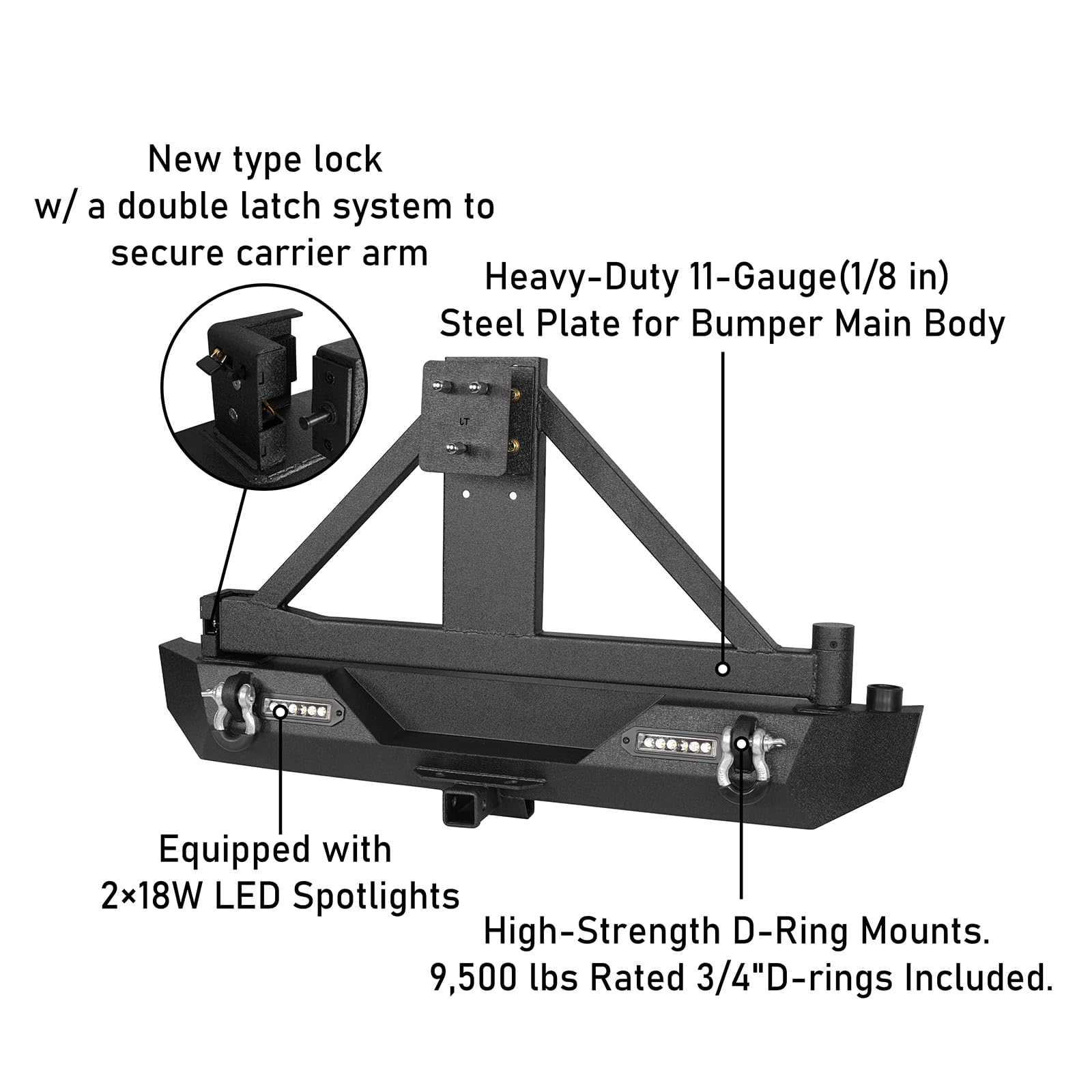 u-Box Wrangler TJ Rear Bumper w/Tire Carrier for 1987-2006 Jeep TJ YJ Wrangler Different Trail Texture Steel Bumper w/Receiver Hitch & LED Lights