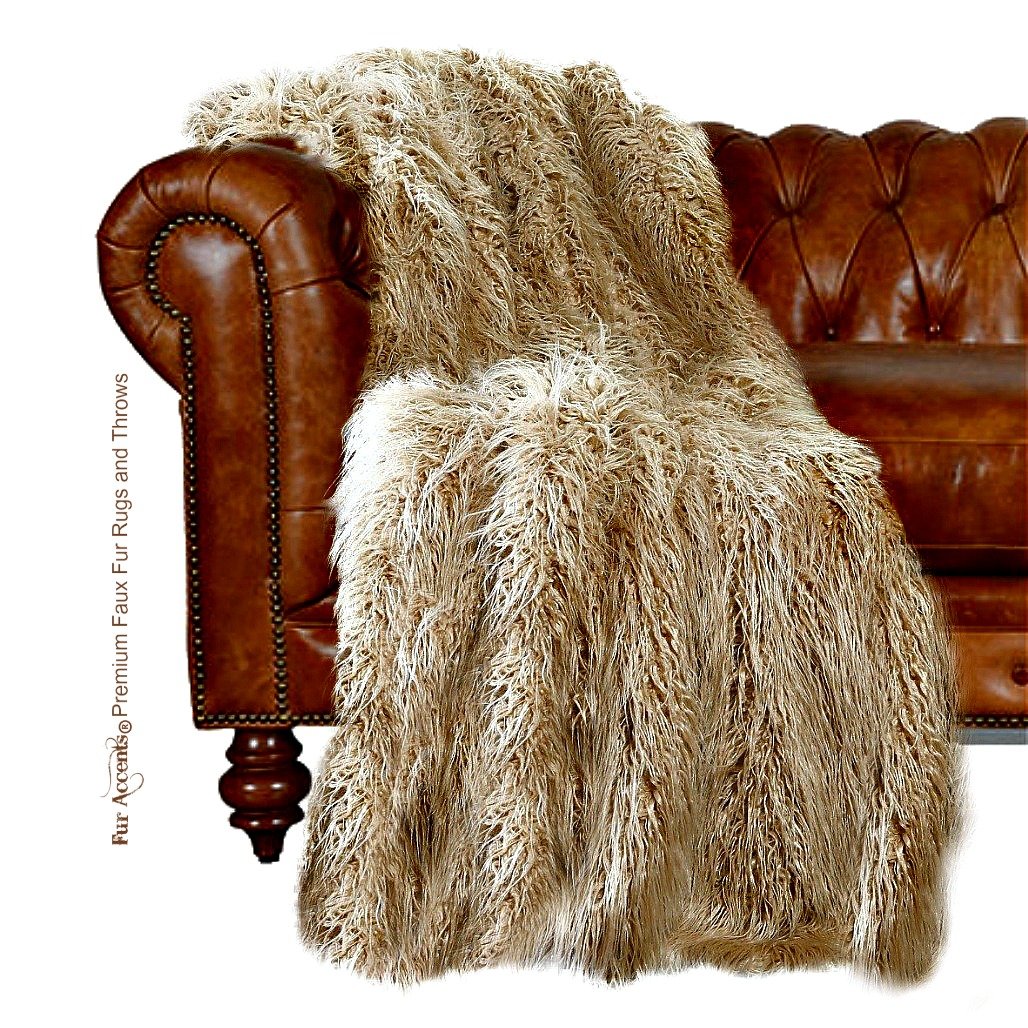 Fur Accents Luxury Faux Fur Throw Blanket - Natural Beige Mongolian Shag Long Hair Llama Sheepskin USA (5'X8')
