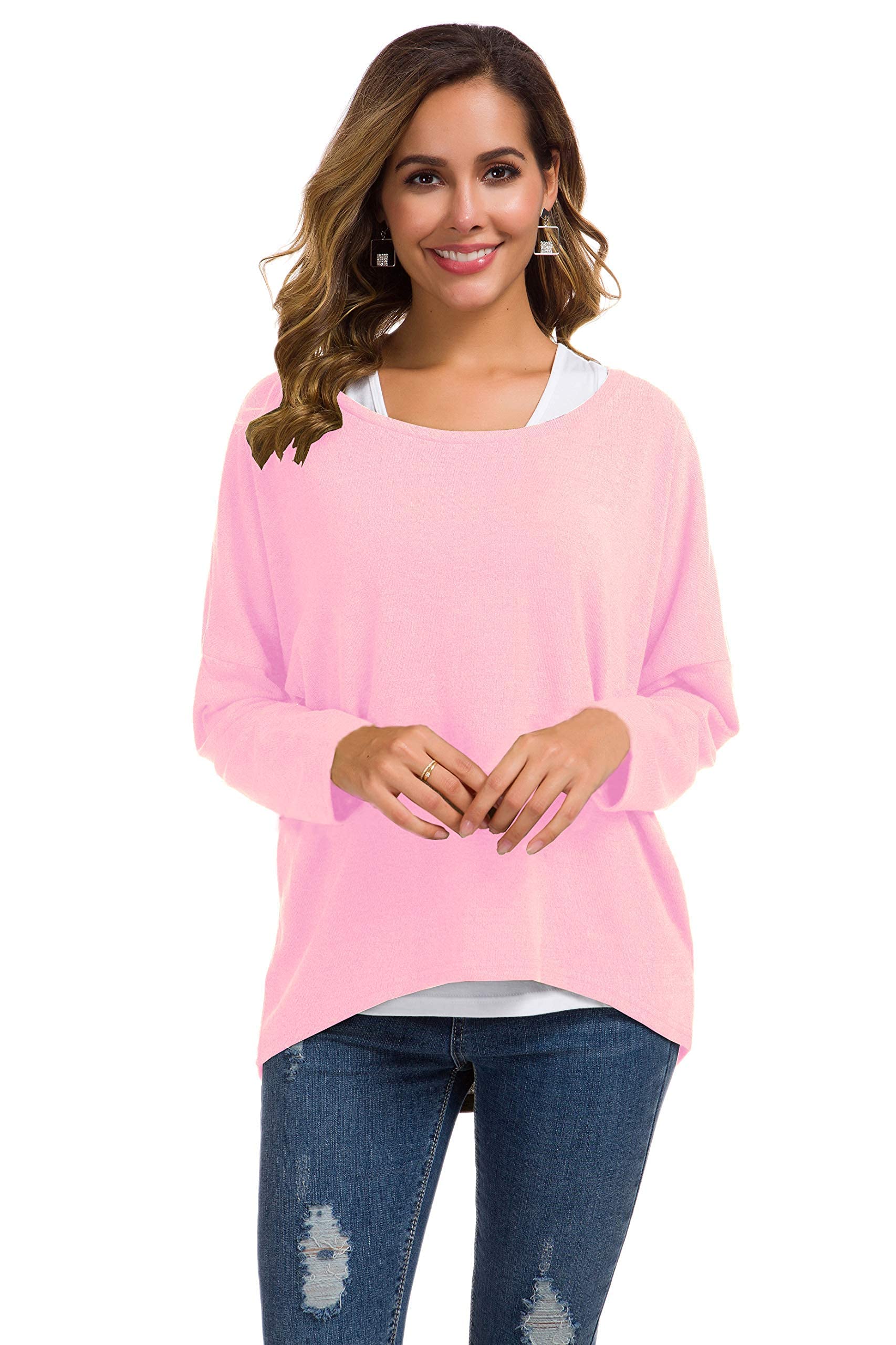 UGET Women's Oversized Baggy Tops Off Shoulder Loose Fitting Pullover Casual Blouse T-Shirt Sweater Long Batwing Sleeve X-Large Pink