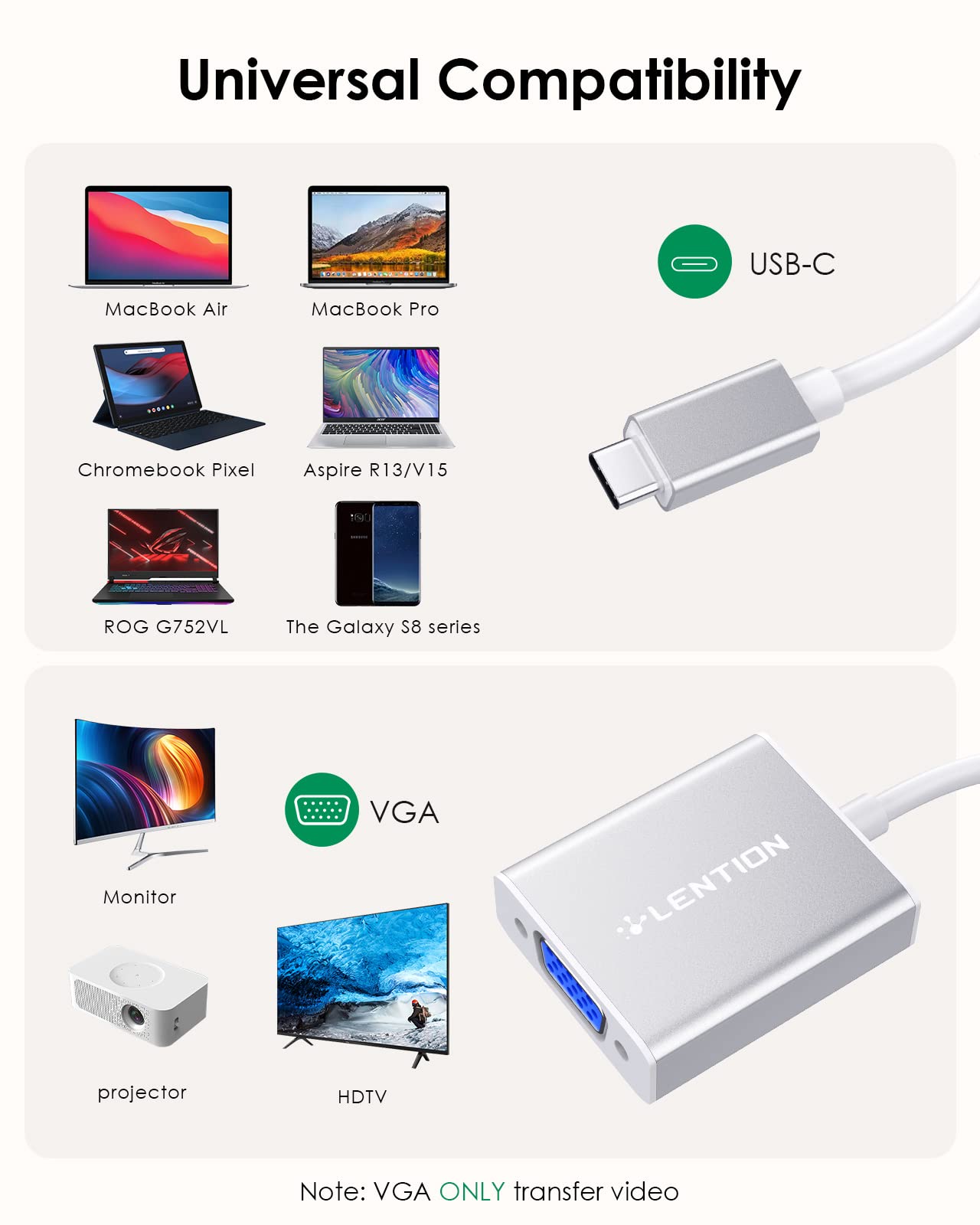 LENTION USB C to VGA Cable Adapter,Type C to VGA Monitor Converter Compatible 2023-2016 MacBook Pro 13/15/16,New Mac/MacBook Air/Surface,iPad Chromebook,Galaxy,Dell XPS,Phone,More(1080VGA,Sliver)