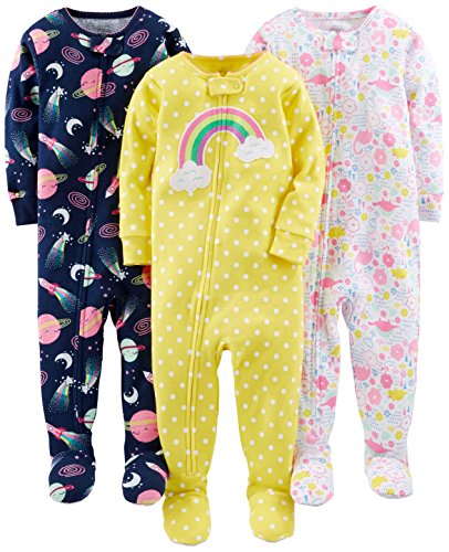 Simple Joys by Carter's Girls' 3-Pack Snug Fit Footed Cotton Pajamas, Navy Space/White Dinosaur/Yellow Dots, 18 Months