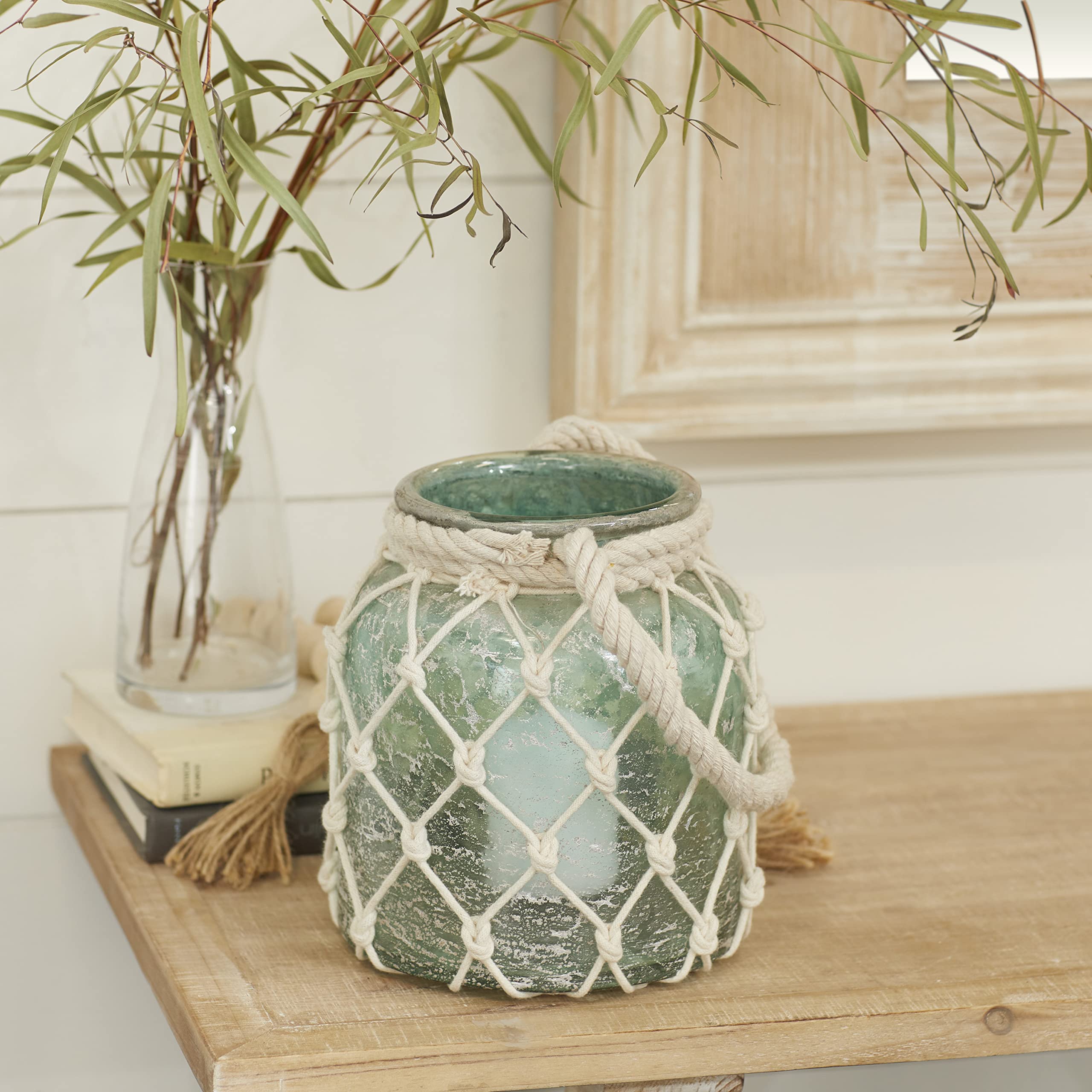 Deco 79 Glass Indoor Outdoor Candle Lantern Decorative Lantern Candle Holder with Rope Handle, Lantern 7" x 7" x 15", Blue