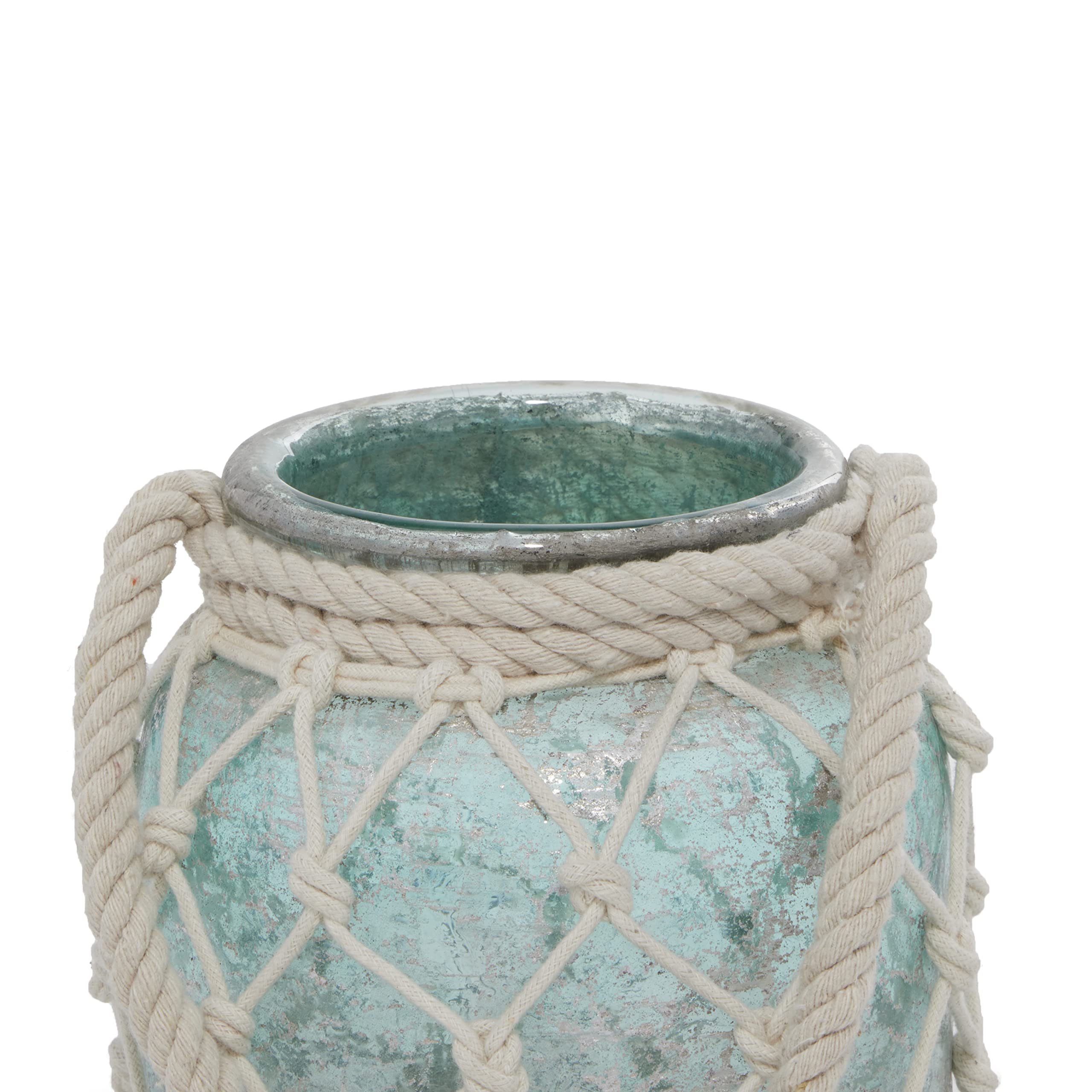 Deco 79 Glass Indoor Outdoor Candle Lantern Decorative Lantern Candle Holder with Rope Handle, Lantern 7" x 7" x 15", Blue