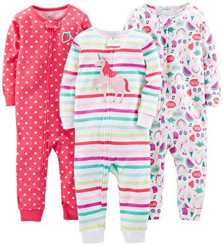 Simple Joys by Carter's Girls' 3-Pack Snug Fit Footless Cotton Pajamas, Pink Hearts/White Unicorn/Owl, 18 Months