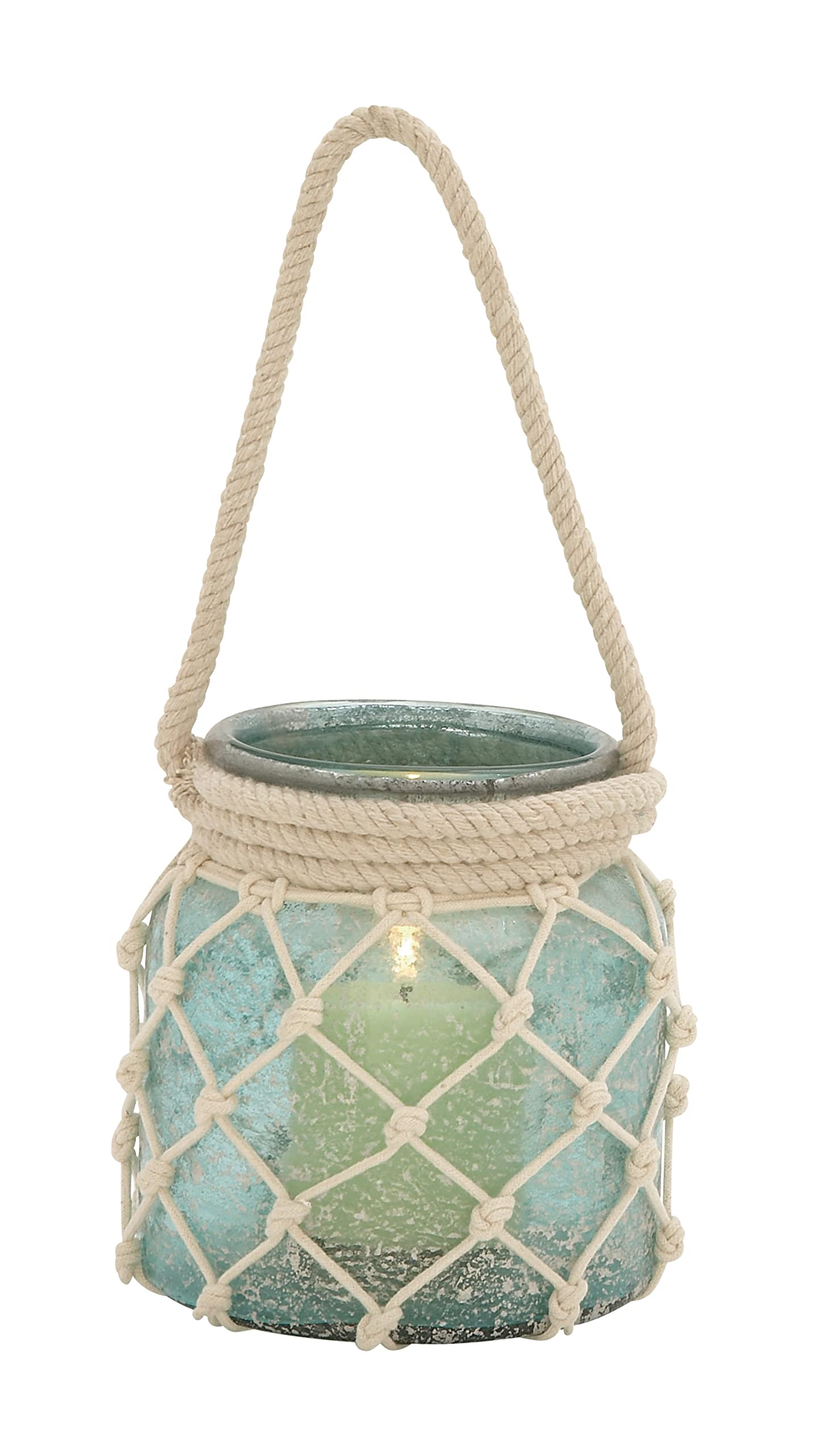 Deco 79 Glass Indoor Outdoor Candle Lantern Decorative Lantern Candle Holder with Rope Handle, Lantern 7" x 7" x 15", Blue