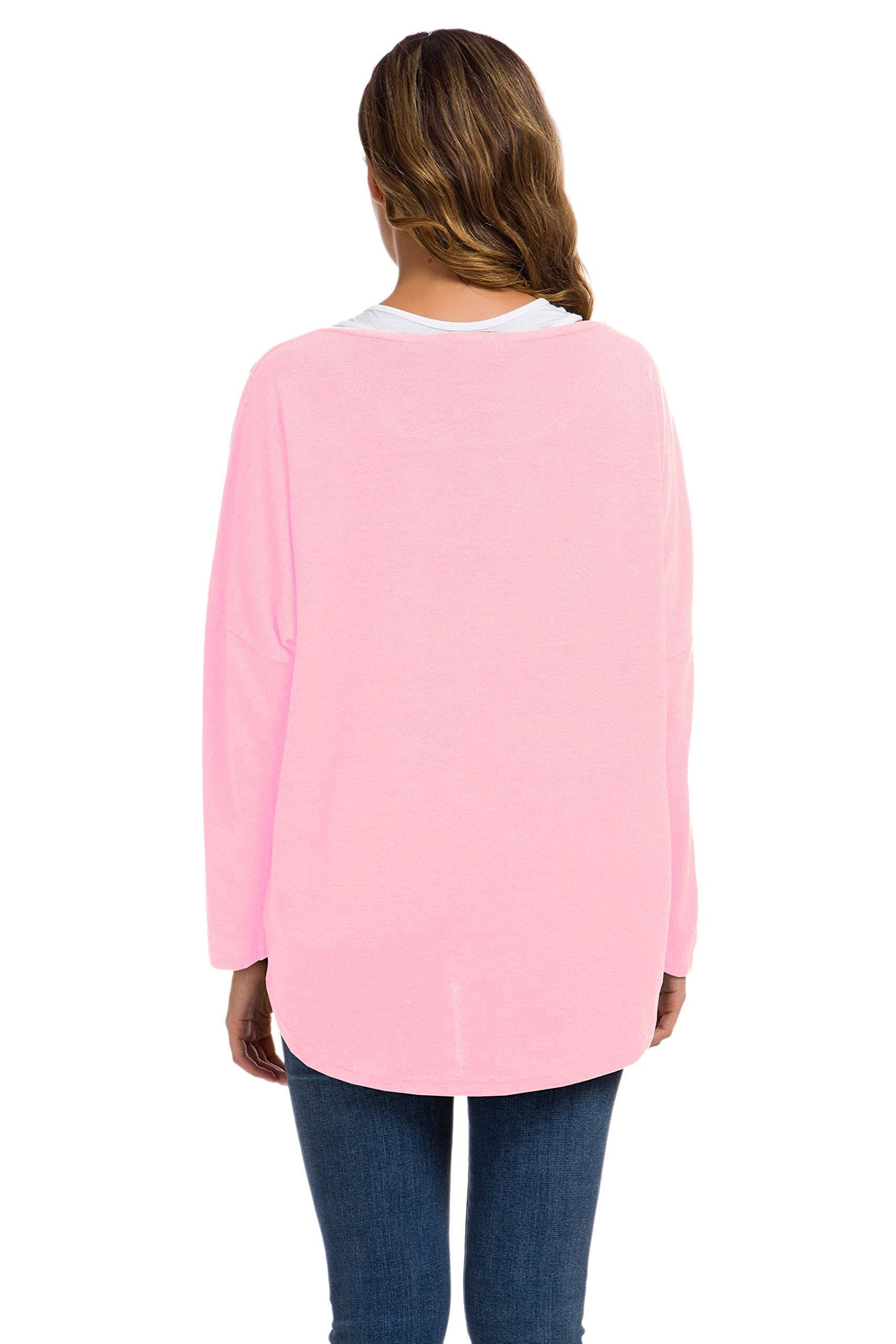 UGET Women's Oversized Baggy Tops Off Shoulder Loose Fitting Pullover Casual Blouse T-Shirt Sweater Long Batwing Sleeve X-Large Pink