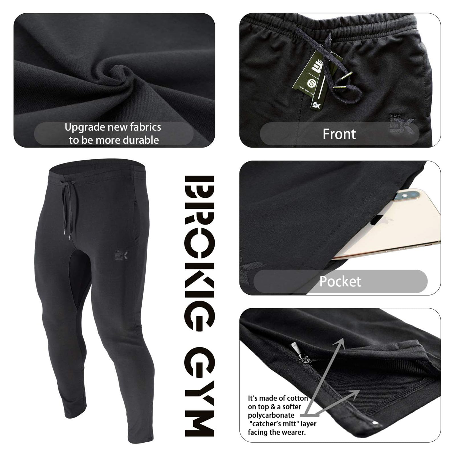 BROKIG Mens Zip Jogger Pants - Casual Gym Fitness Trousers Comfortable Tracksuit Slim Fit Bottoms Sweat Pants with Pockets (Medium, Black)