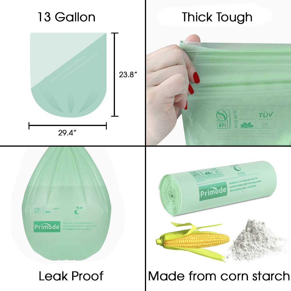 Primode Compostable Bags 13 Gallon, Tall Kitchen Trash Bags, 100 Count, Extra Thick 0.87 Mil. ASTMD6400 Food Scrap Yard Waste Compost Bags, Certified by BPI and TÜV AUSTRIA