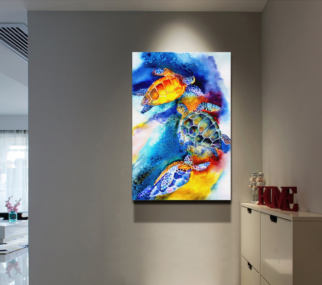 VVOVV Wall Decor Sea Turtle Canvas Wall Art Ocean Turtle Picture Wall Decor Blue Bathroom Art Painting Canvas Prints, Framed Ready to Hang 24"x36"