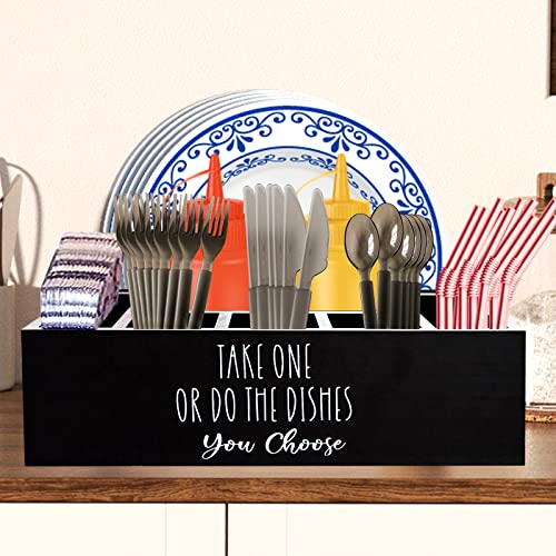 Paper Plate Holder, Plastic Silverware Caddy, Plastic Utensil Dispenser for Party Buffet Camping BBQ, Disposable Spoon Fork Knives Dish Cup Napkin Storage Organizer for Kitchen Counter (Black)