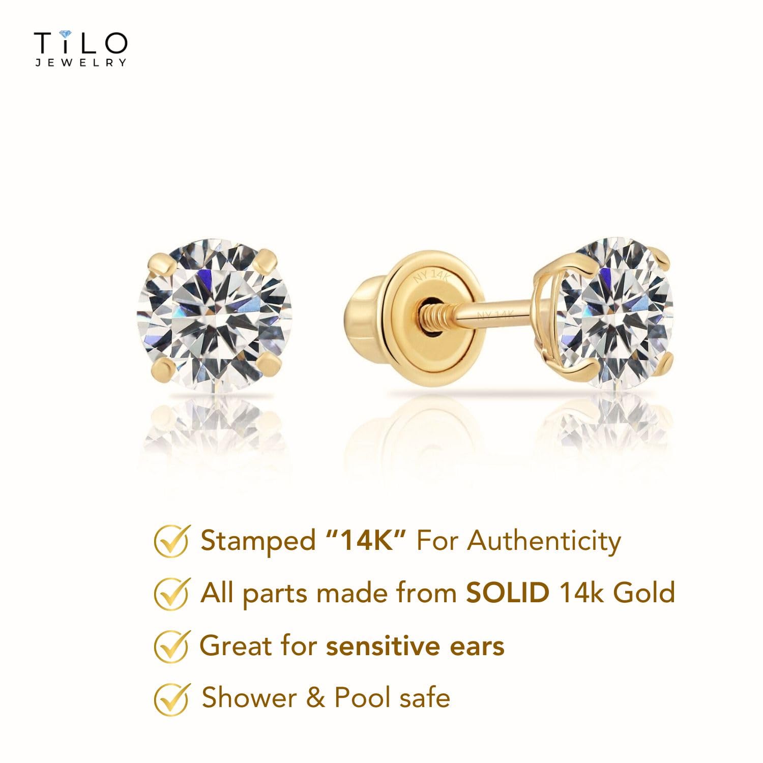 14k Yellow Gold Solitaire Round Cubic Zirconia Stud Earrings in Secure Screw-backs (6mm)…