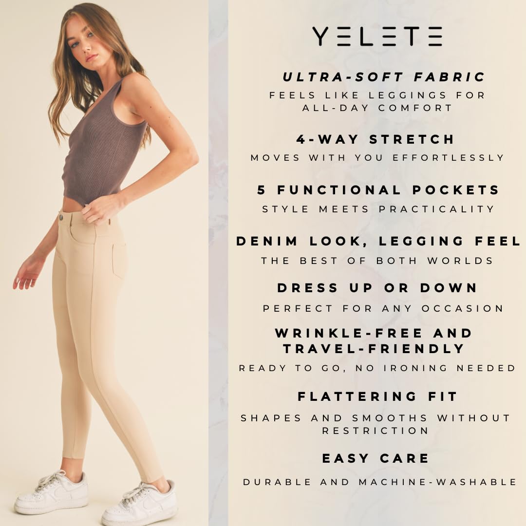 YELETE Women's Basic Five Pocket Stretch Jegging Tights Pants, White, Medium