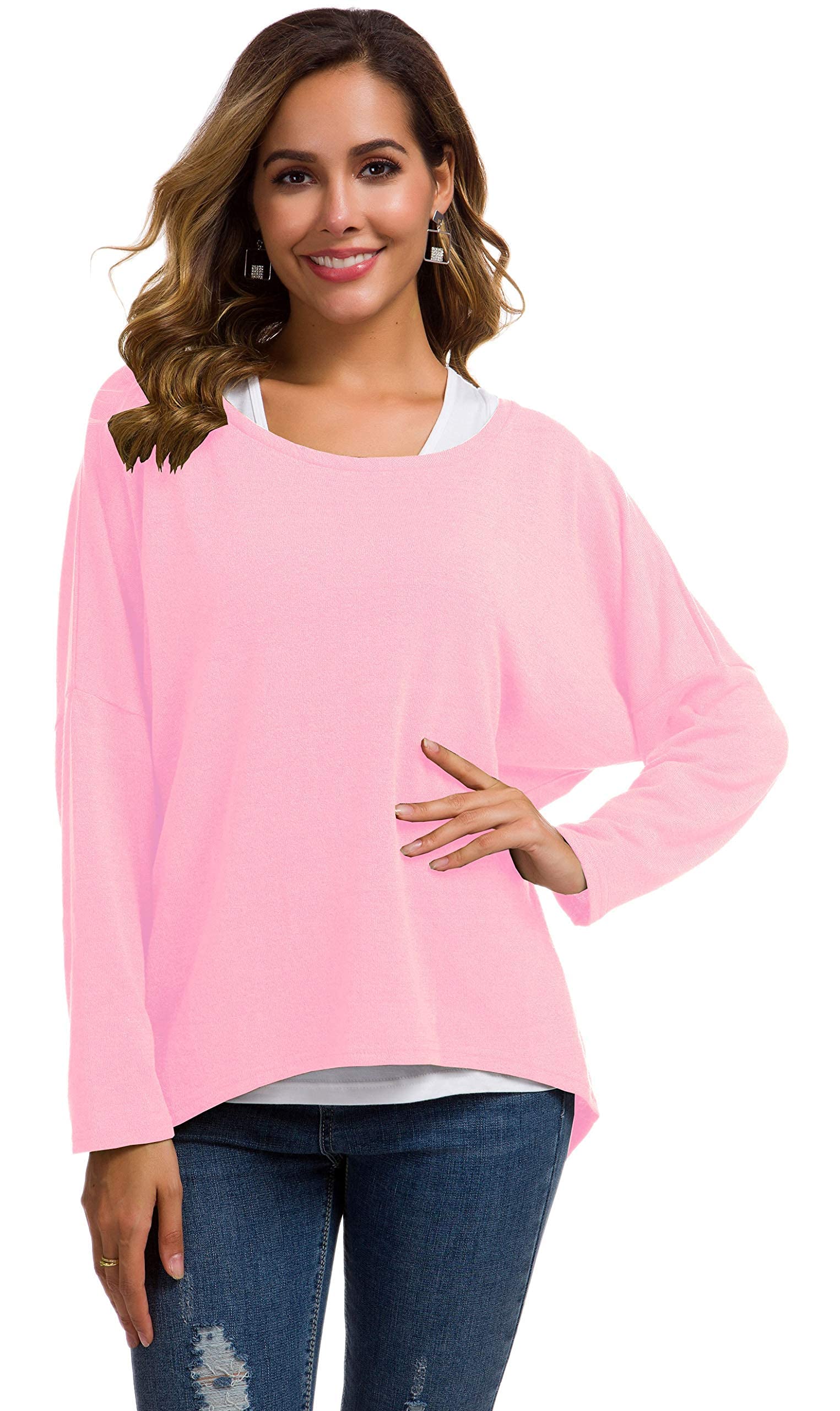 UGET Women's Oversized Baggy Tops Off Shoulder Loose Fitting Pullover Casual Blouse T-Shirt Sweater Long Batwing Sleeve X-Large Pink