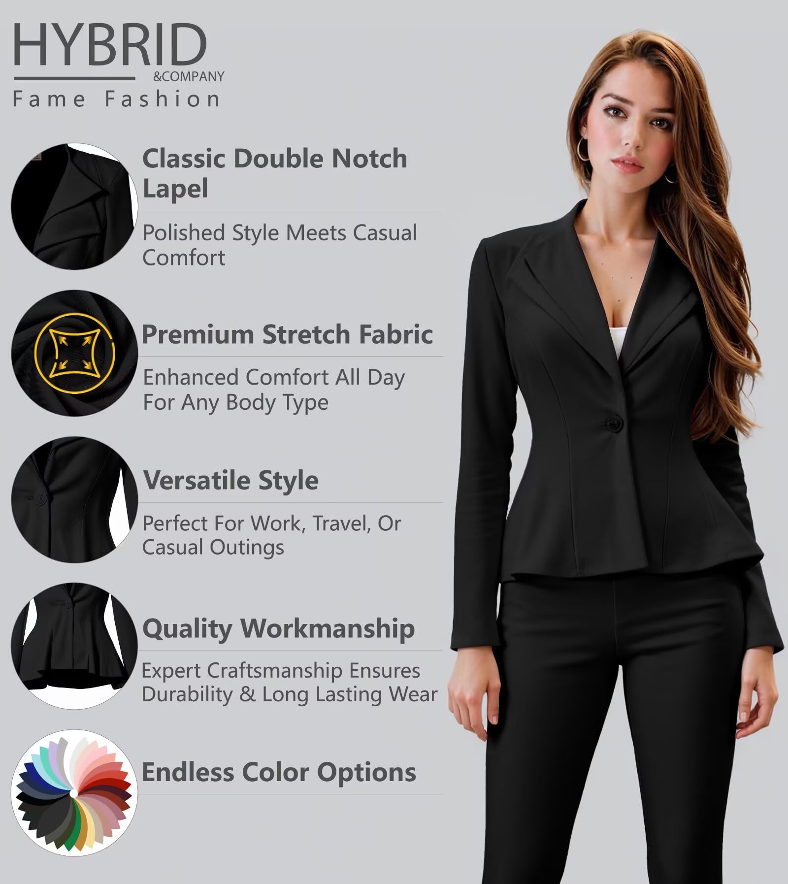 Hybrid & Company Women Double Notch Lapel Office Blazer JK43864 1073T BLACK Xlarge
