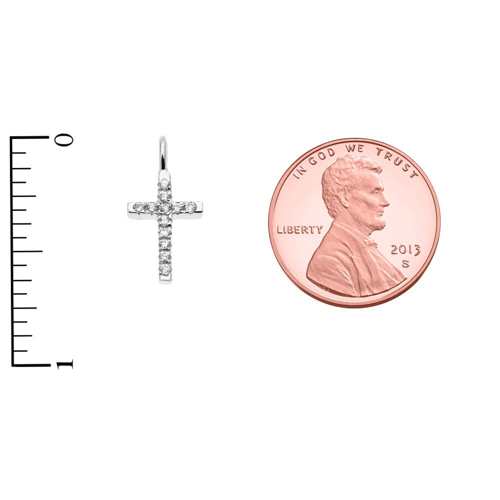 Religious Jewelry by FDJ 14K White Gold 1/20 Cttw Diamond Accented Dainty Linear Cross Charm Pendant Necklace with Rolo Chain (K-M Color) - 16" Chain