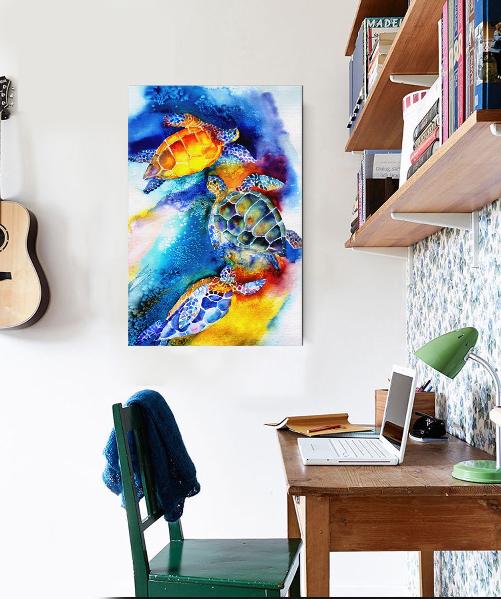 VVOVV Wall Decor Sea Turtle Canvas Wall Art Ocean Turtle Picture Wall Decor Blue Bathroom Art Painting Canvas Prints, Framed Ready to Hang 24"x36"
