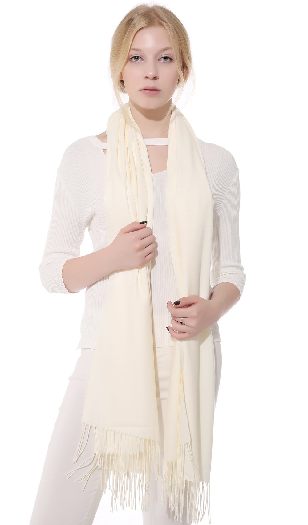 Anboor Super Soft Cashmere Blanket Scarf with Tassel Solid Color Warm Shawl for Women,White