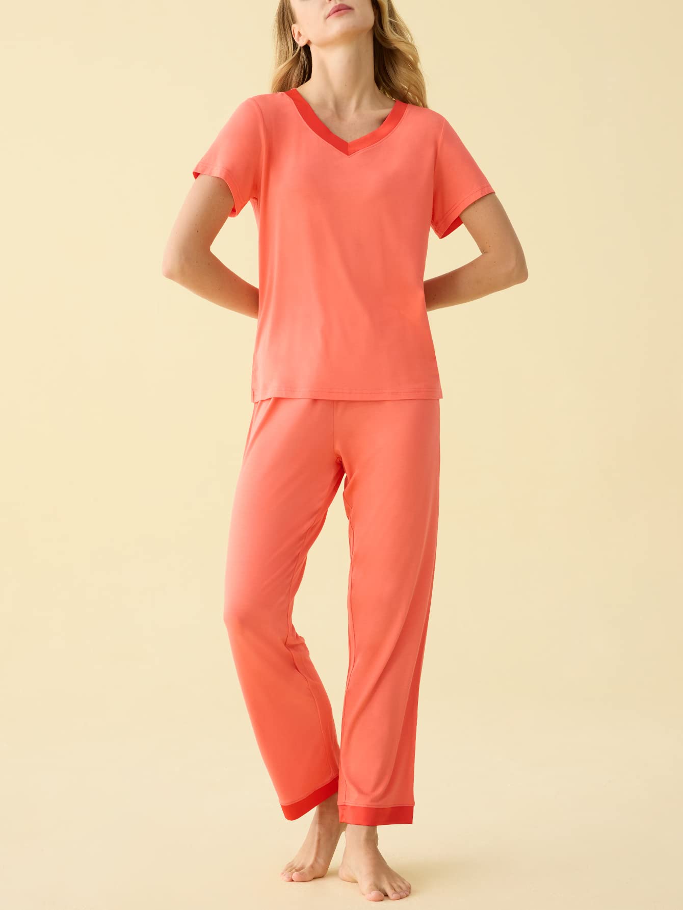 Latuza Women's V-neck Sleepwear Short Sleeves Top with Pants Pajama Set 2X Coral