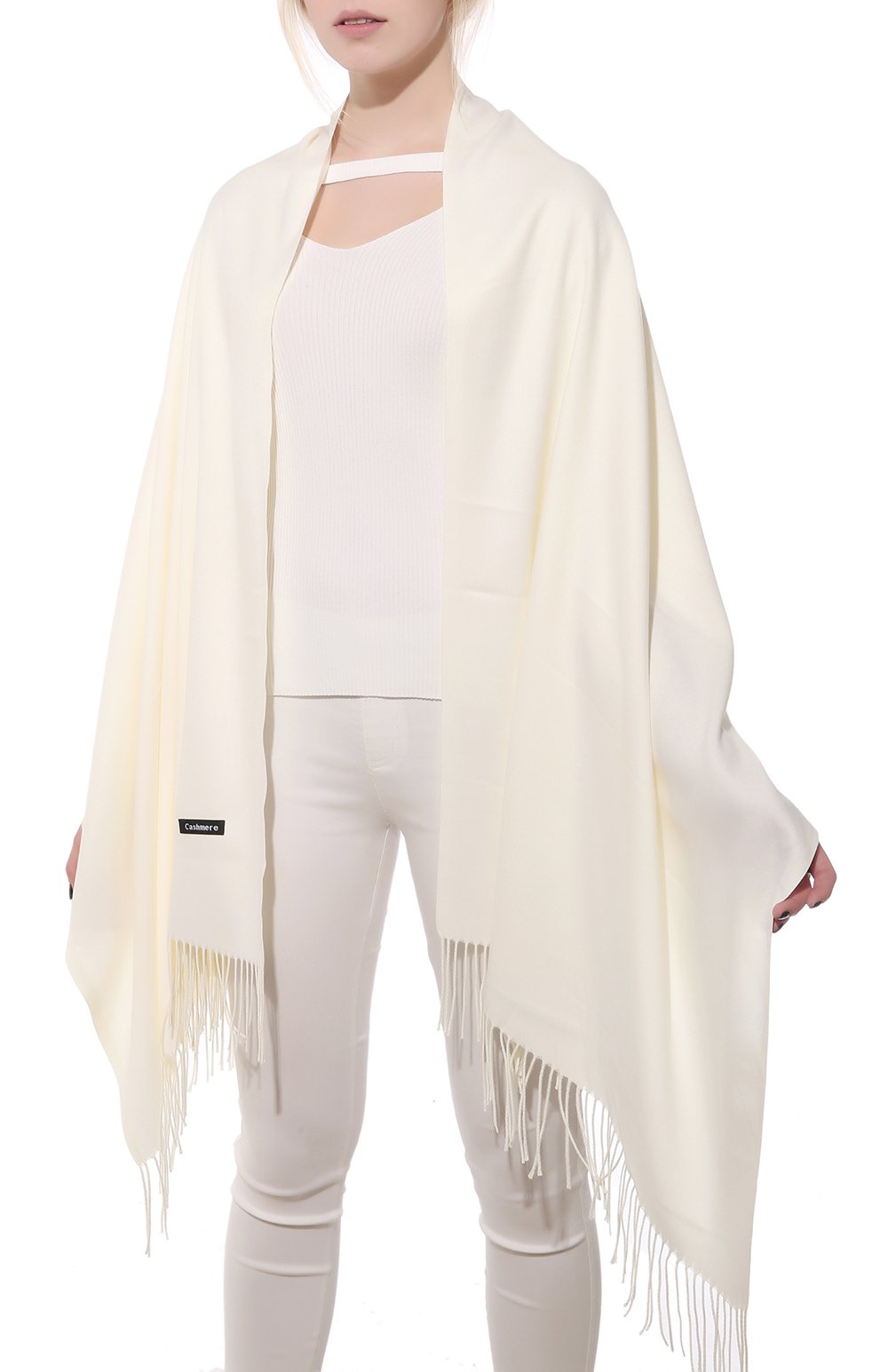Anboor Super Soft Cashmere Blanket Scarf with Tassel Solid Color Warm Shawl for Women,White