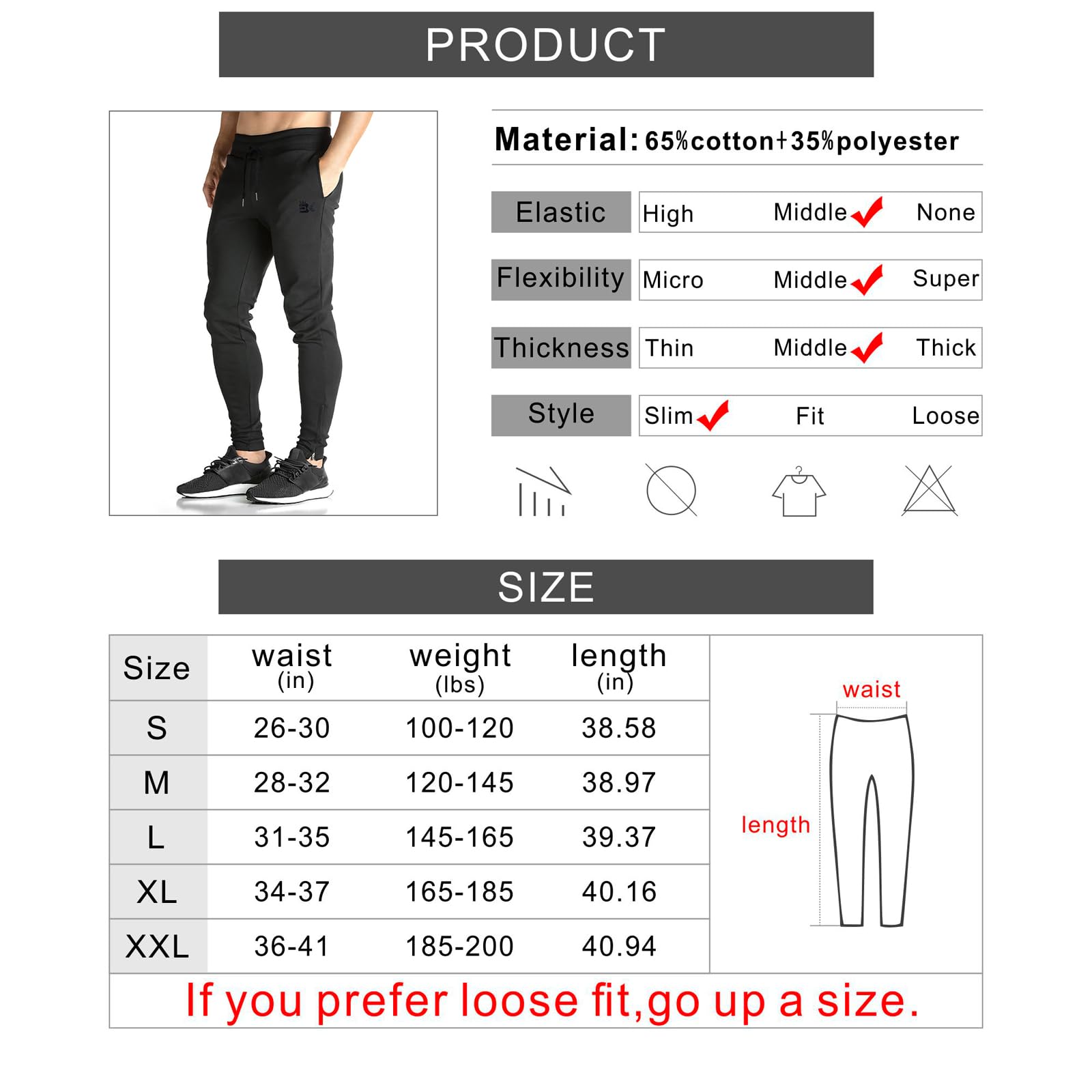 BROKIG Mens Zip Jogger Pants - Casual Gym Fitness Trousers Comfortable Tracksuit Slim Fit Bottoms Sweat Pants with Pockets (Medium, Black)