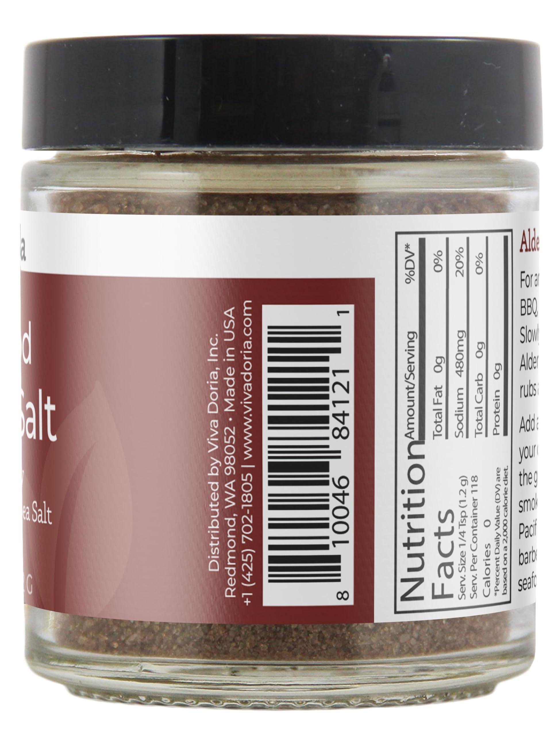 Viva Doria Alder Smoked Sea Salt, Alderwood Smoked Salt, Fine Grain, 5 Oz Glass Jar