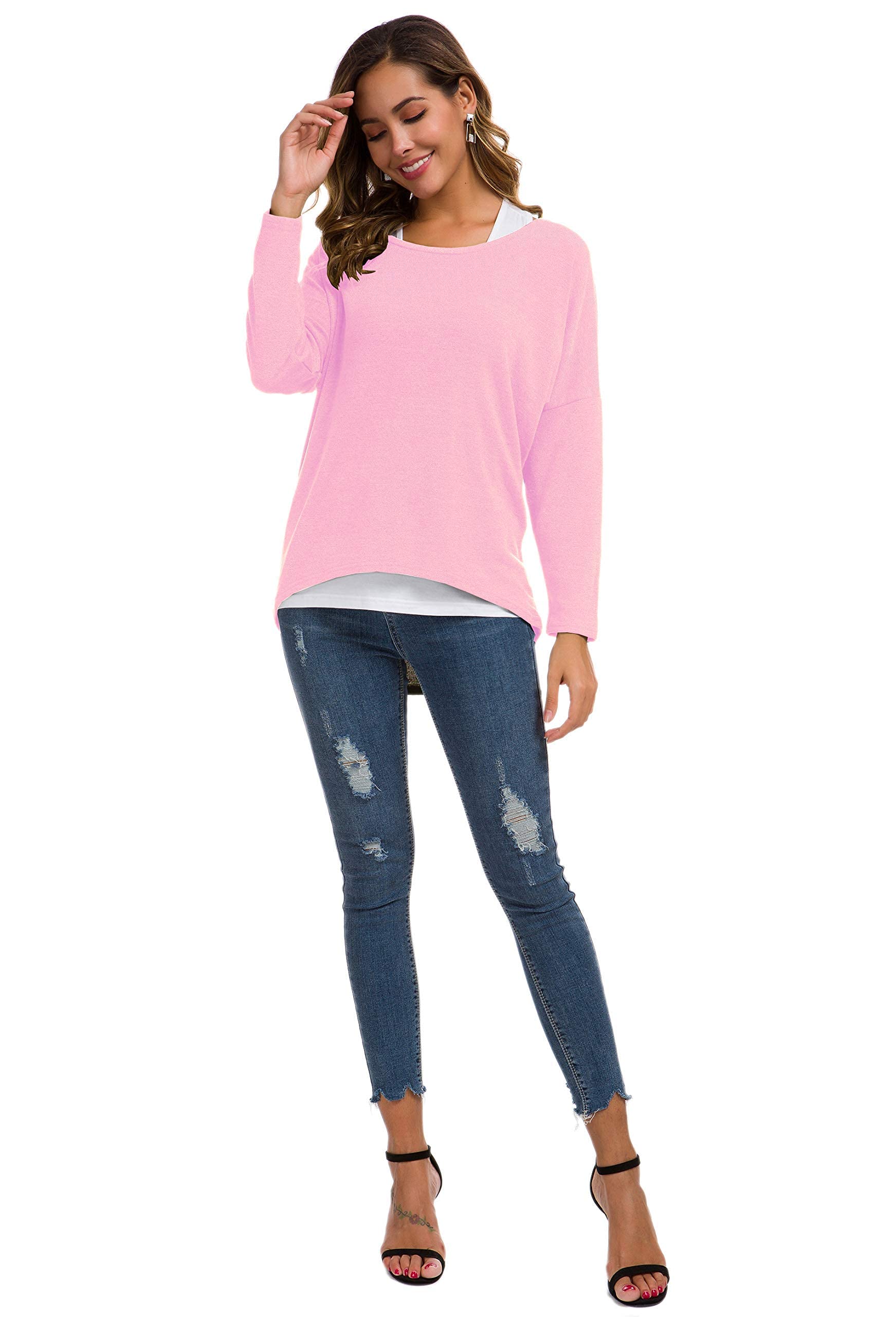 UGET Women's Oversized Baggy Tops Off Shoulder Loose Fitting Pullover Casual Blouse T-Shirt Sweater Long Batwing Sleeve X-Large Pink